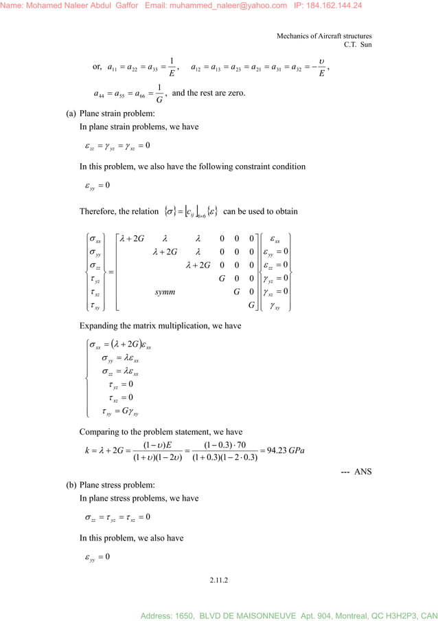 Mechanics of Aircraft Structures solution manual C.T. Sun 2nd ed | PDF