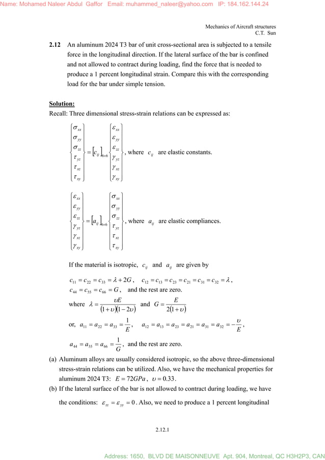 Mechanics of Aircraft Structures solution manual C.T. Sun 2nd ed | PDF