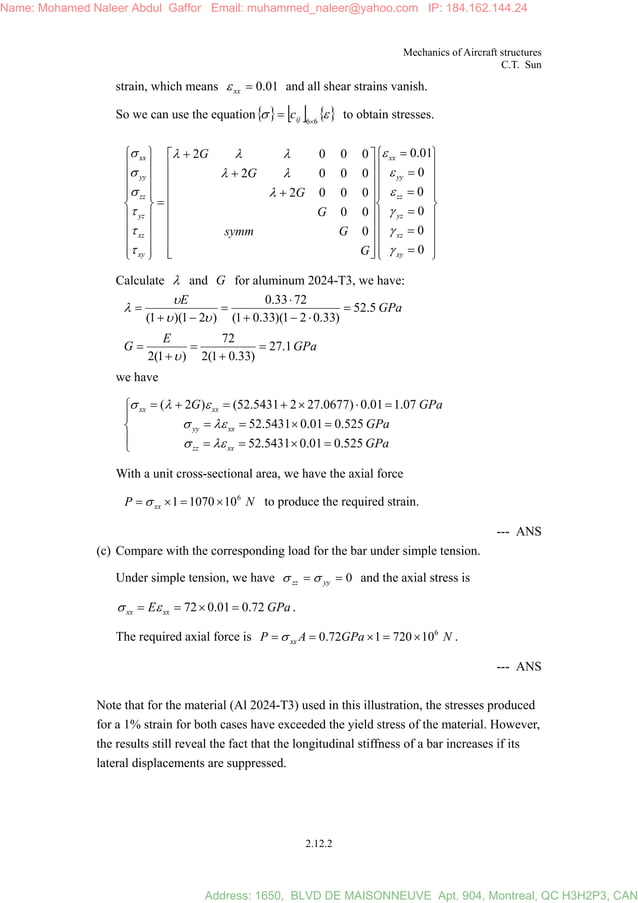 Mechanics of Aircraft Structures solution manual C.T. Sun 2nd ed | PDF