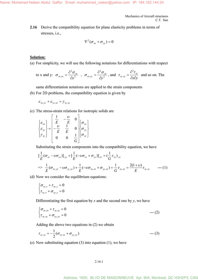 Mechanics of Aircraft Structures solution manual C.T. Sun 2nd ed | PDF