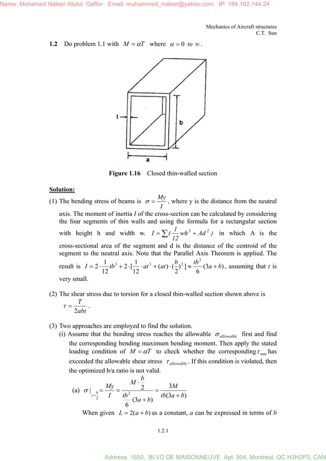 Mechanics of Aircraft Structures solution manual C.T. Sun 2nd ed | PDF