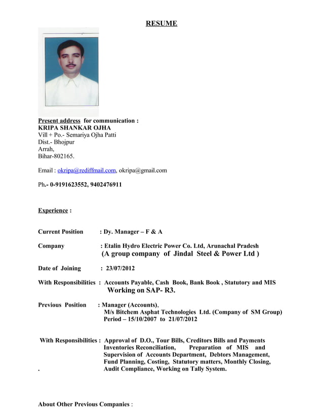 KS Ojha Resume | DOC | Business Accounting & Finance | Business