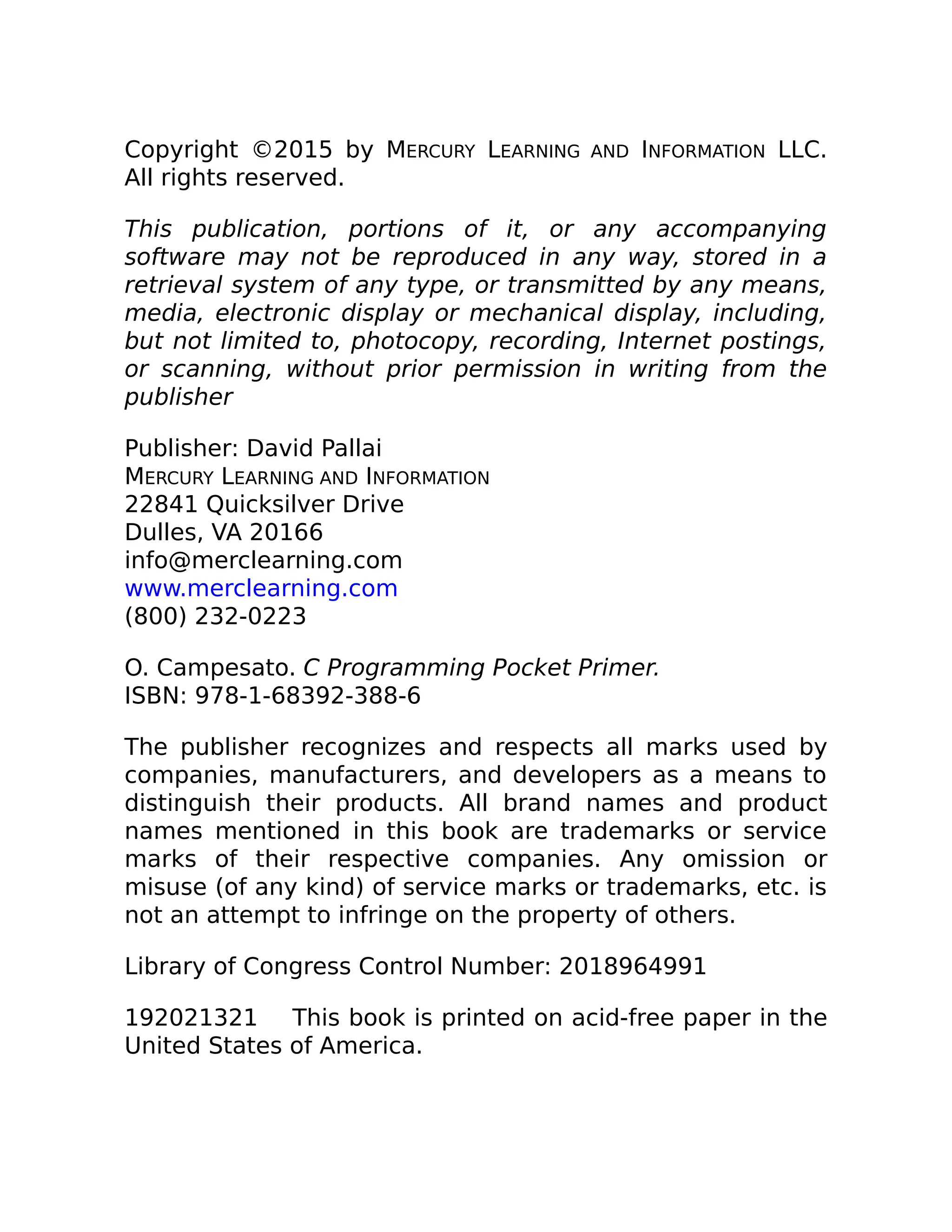 C Programming Pocket Primer Oswald Campesato | PDF