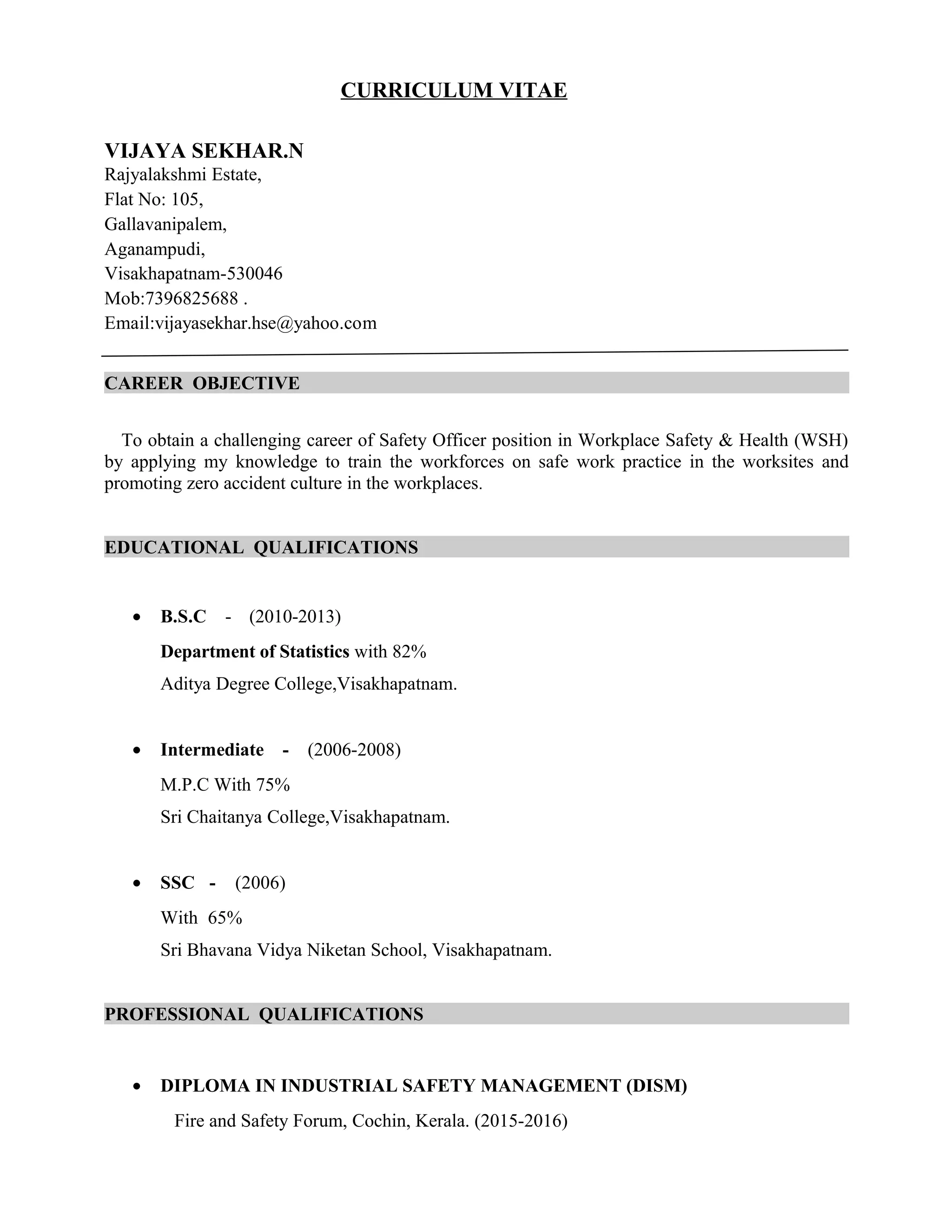 Vijaya Sekhar Safety Resume | DOC