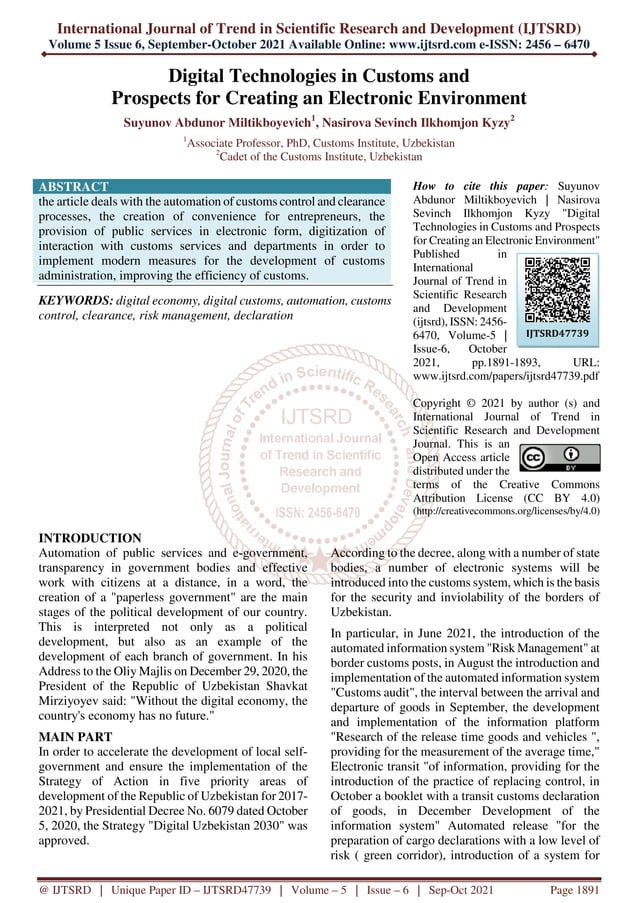 Digital Technologies in Customs and Prospects for Creating an ...