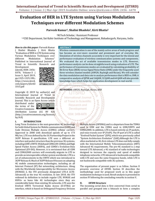 Evaluation Of Ber In Lte System Using Various Modulation Techniques