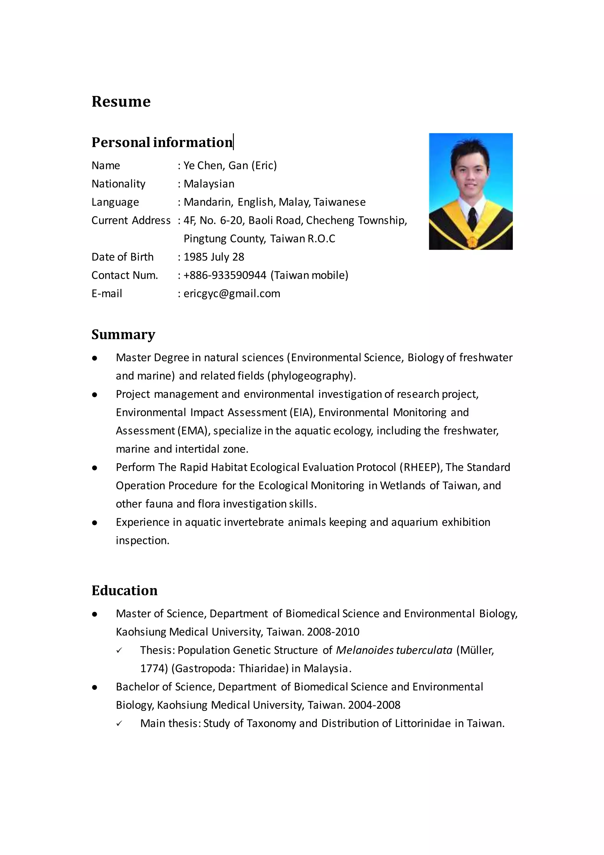 Resume and Autobiography- Ye Chen, Gan | DOCX