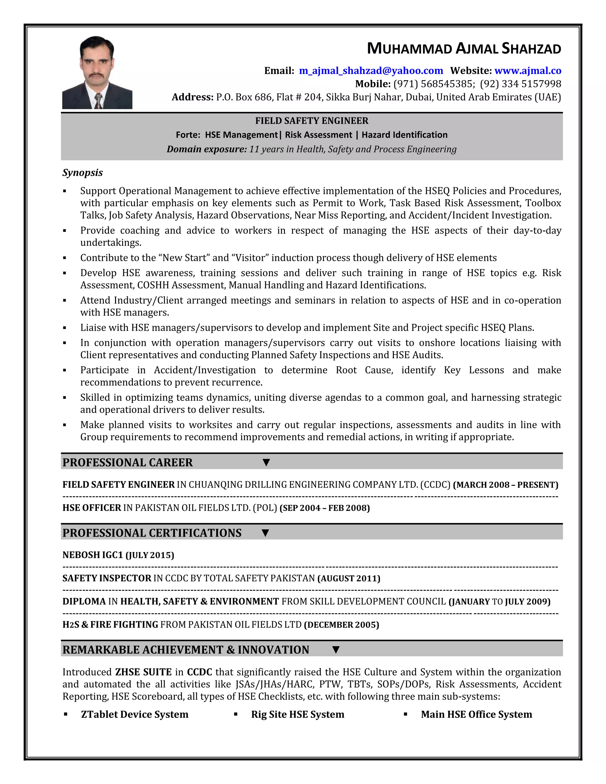 M. Ajmal CV (Field Safety Engineer - 11 Years) | PDF | Human Resources | Business