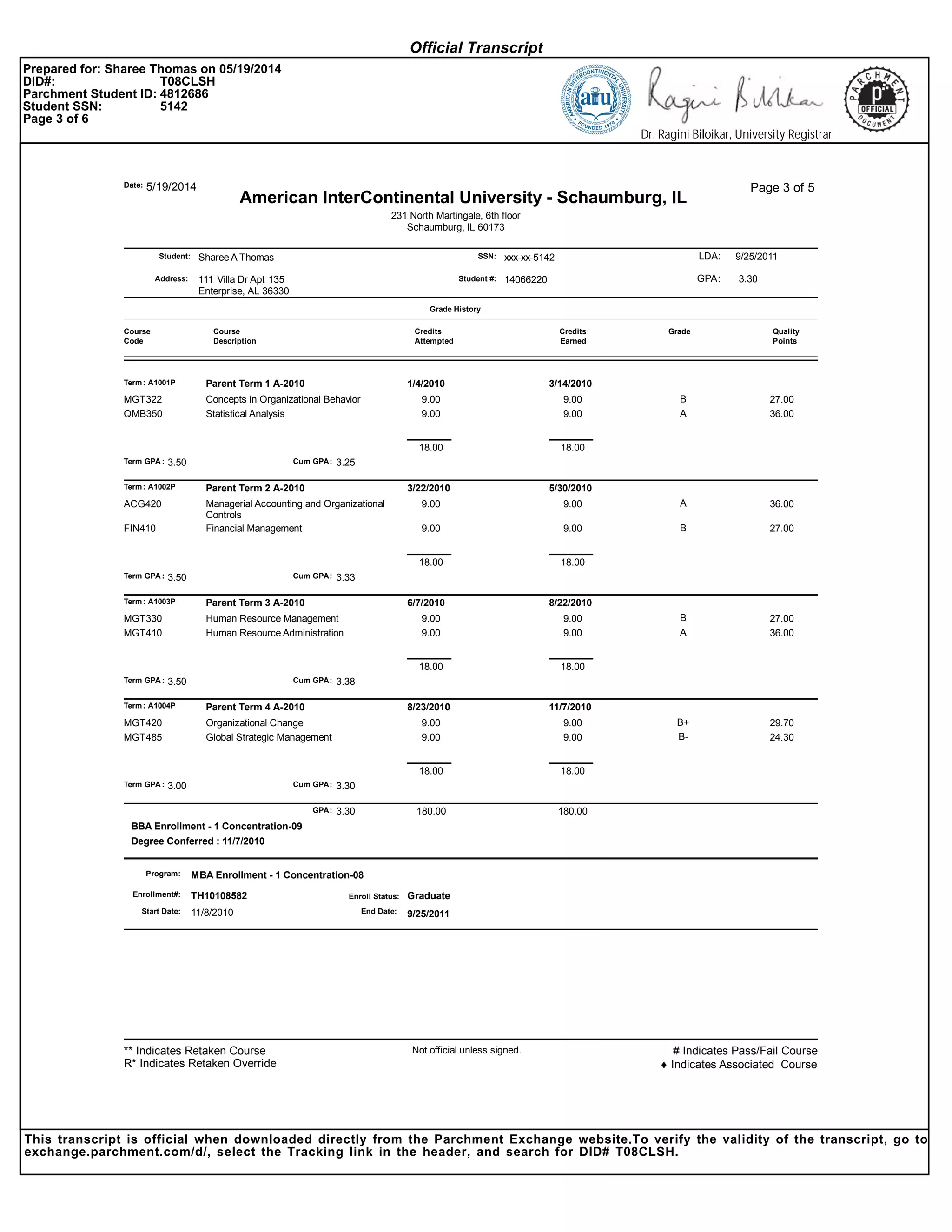 Sharee college transcripts | PDF