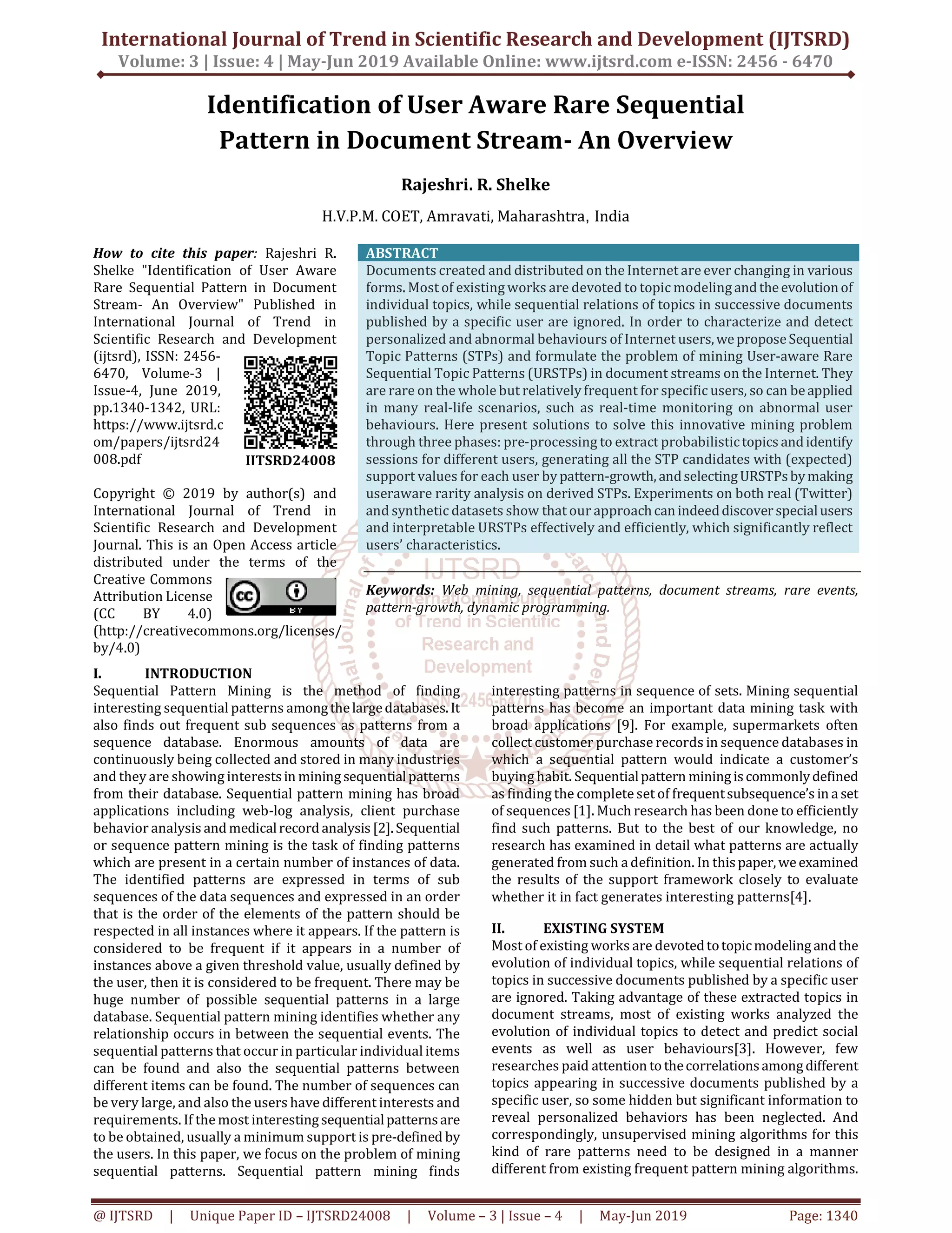 Identification of User Aware Rare Sequential Pattern in Document Stream An Overview | PDF