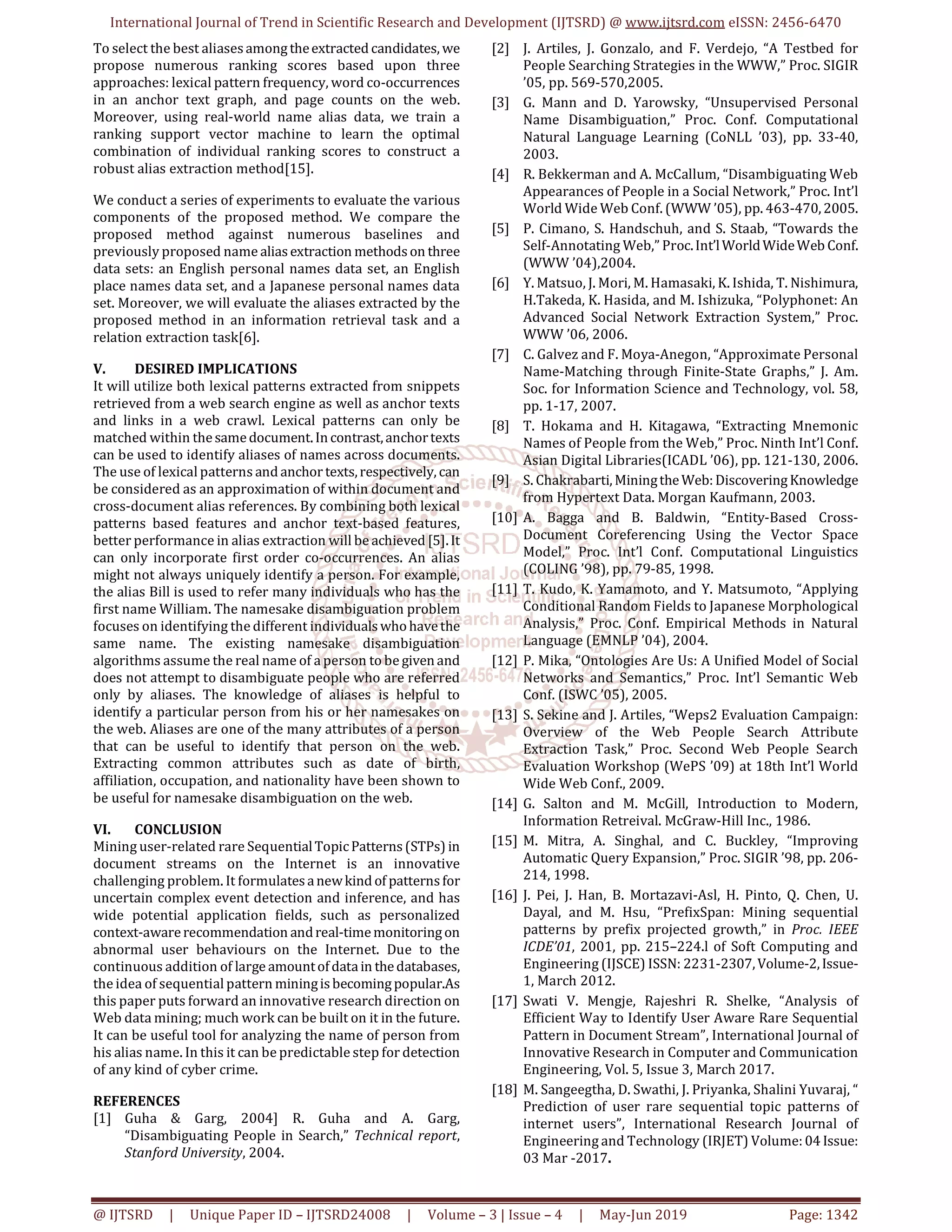 Identification of User Aware Rare Sequential Pattern in Document Stream An Overview | PDF