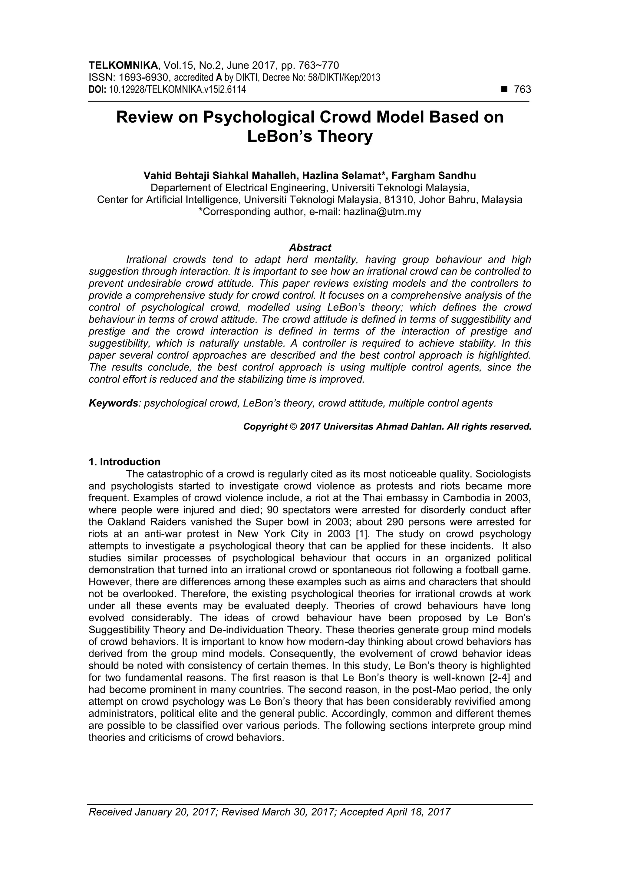 Review on Psychological Crowd Model Based on LeBon’s Theory | PDF