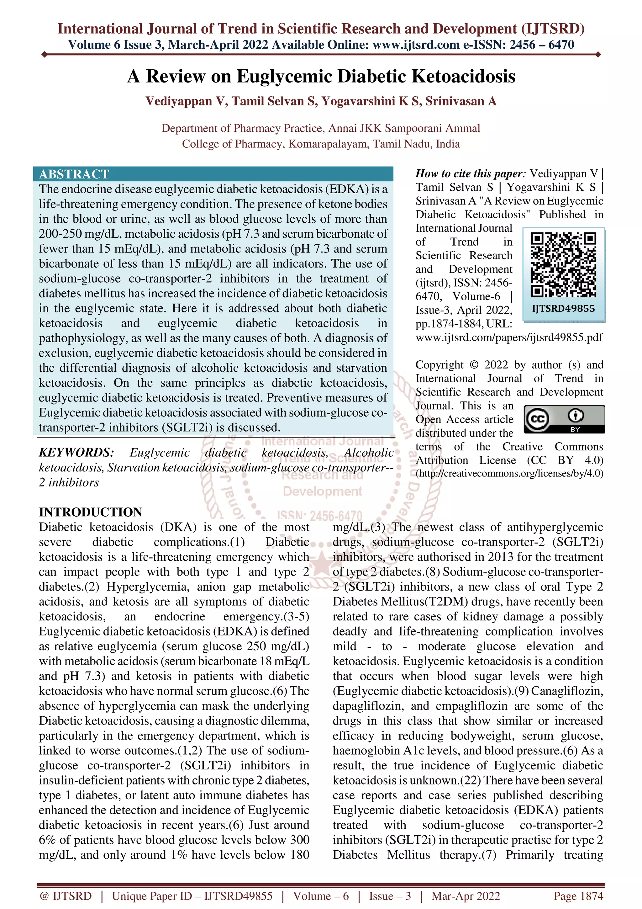 A Review on Euglycemic Diabetic Ketoacidosis | PDF