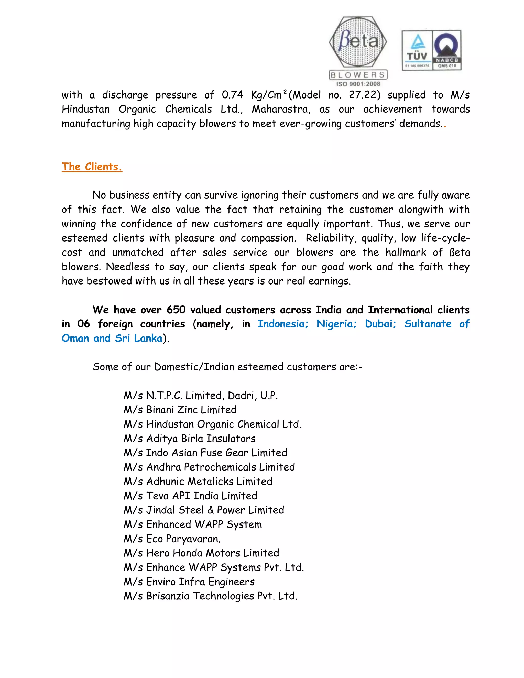 Beta Blowers Company Profile | PDF