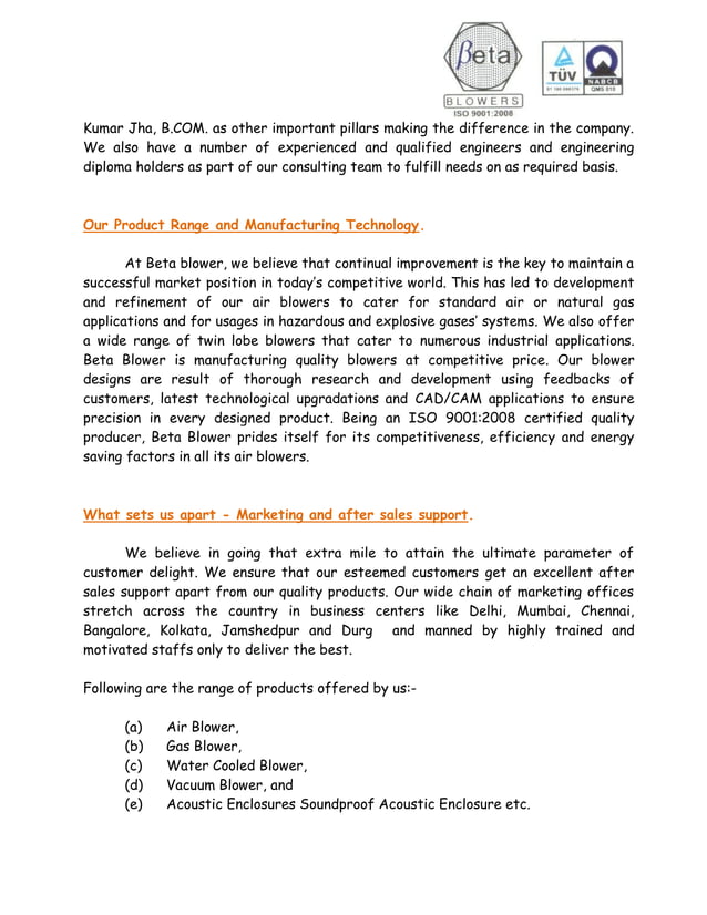 Beta Blowers Company Profile | PDF