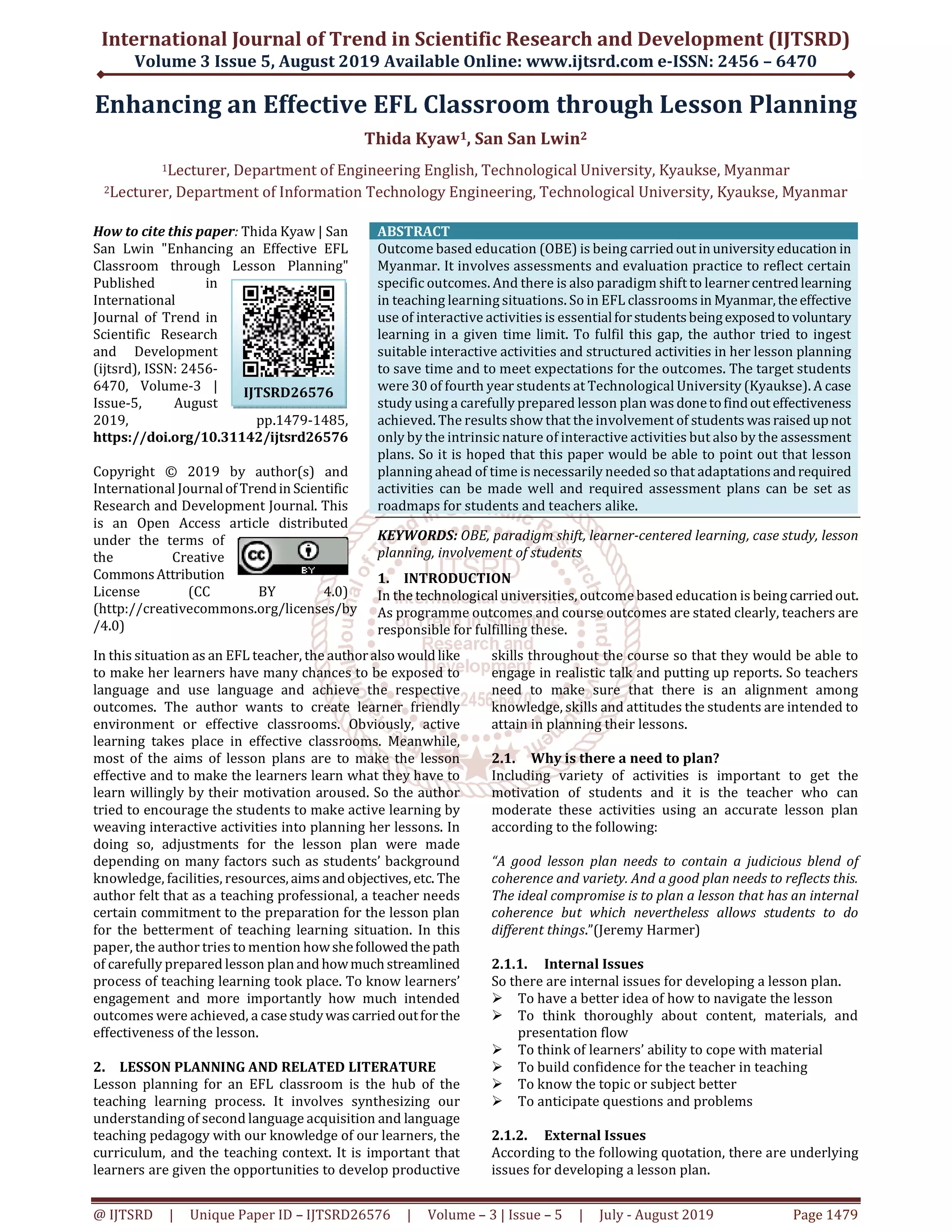 Enhancing an Effective EFL Classroom through Lesson Planning | PDF