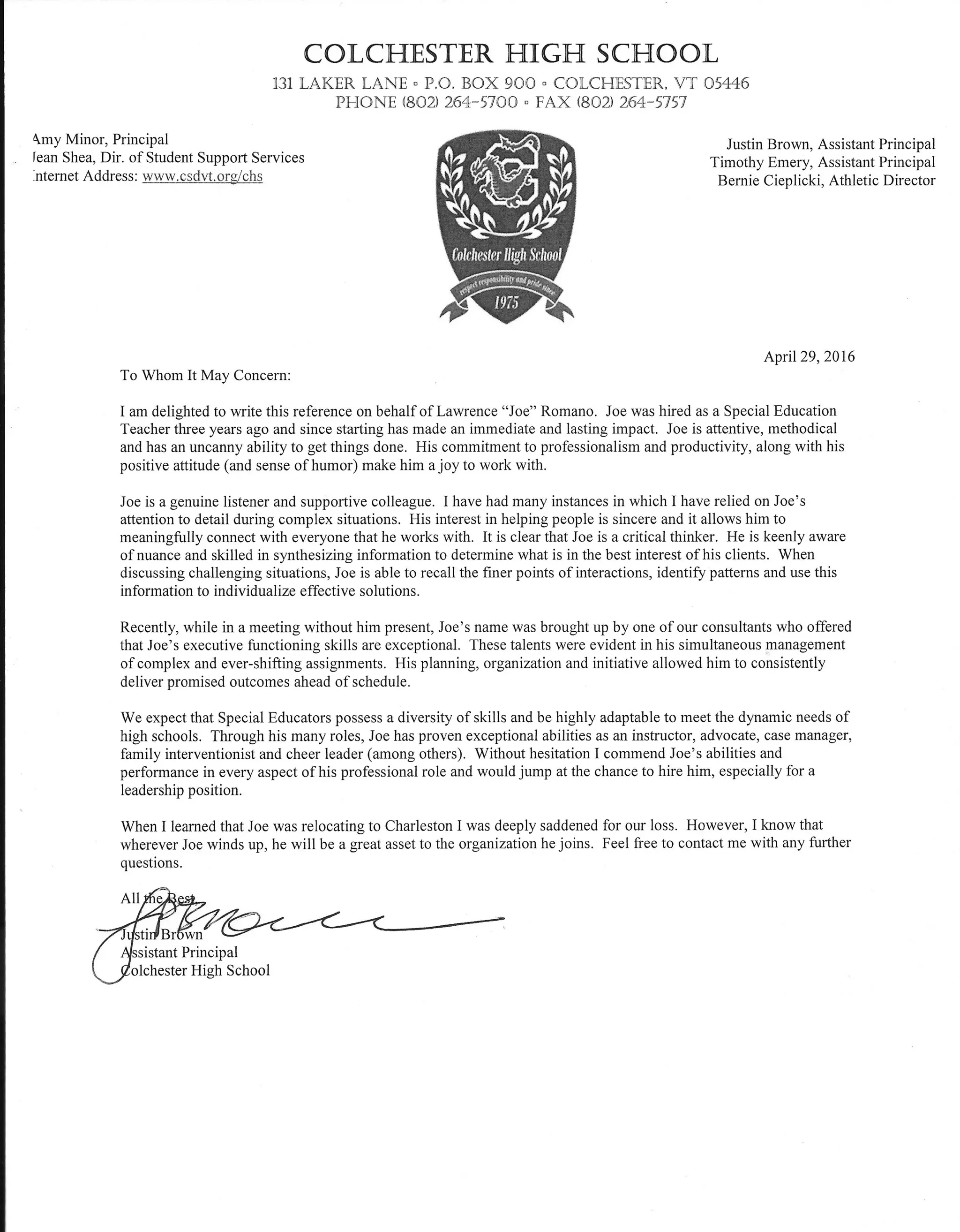 Letter of Recommendation - Justin Brown (Assistant Principal) | PDF