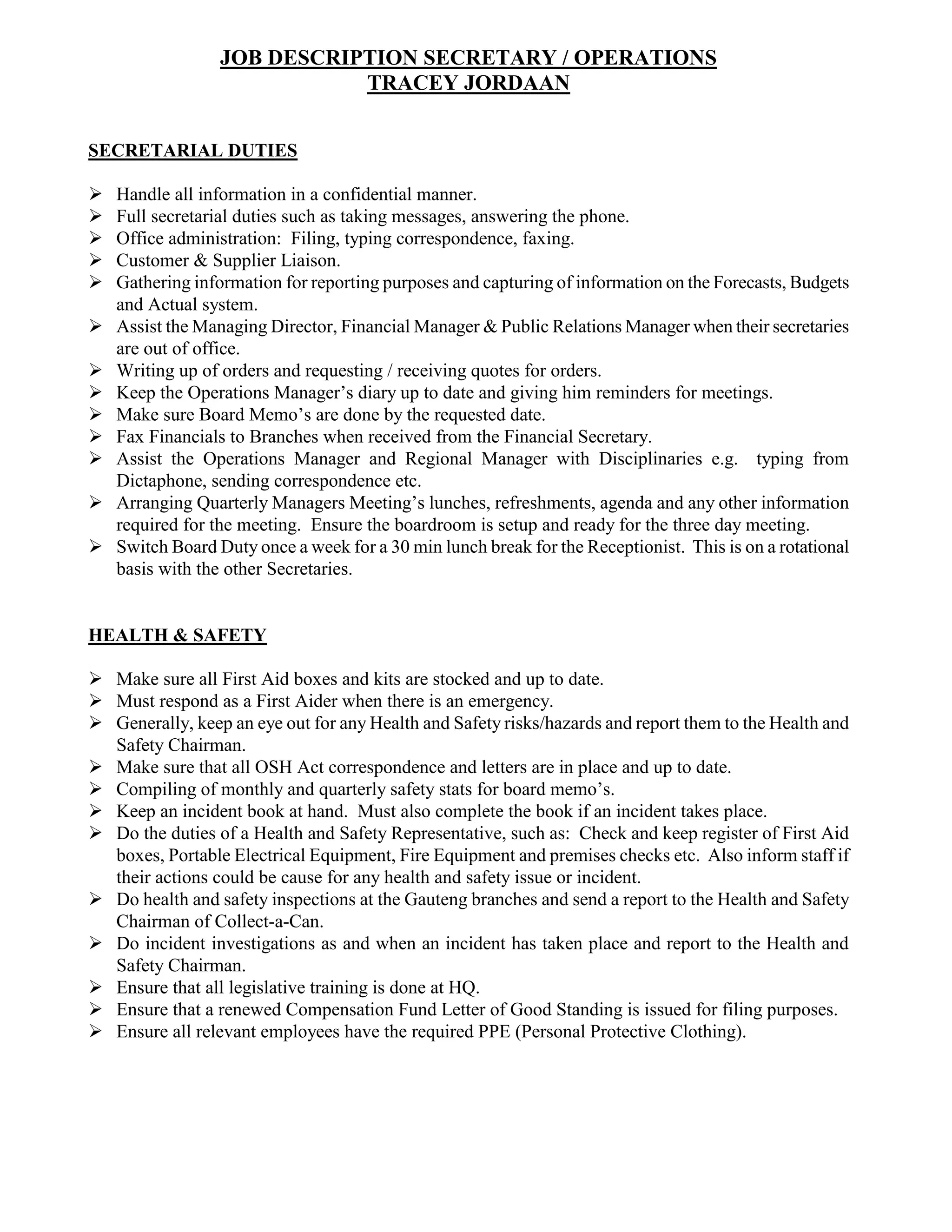 Job Description Operations Secretary 27 02 2015 | PDF