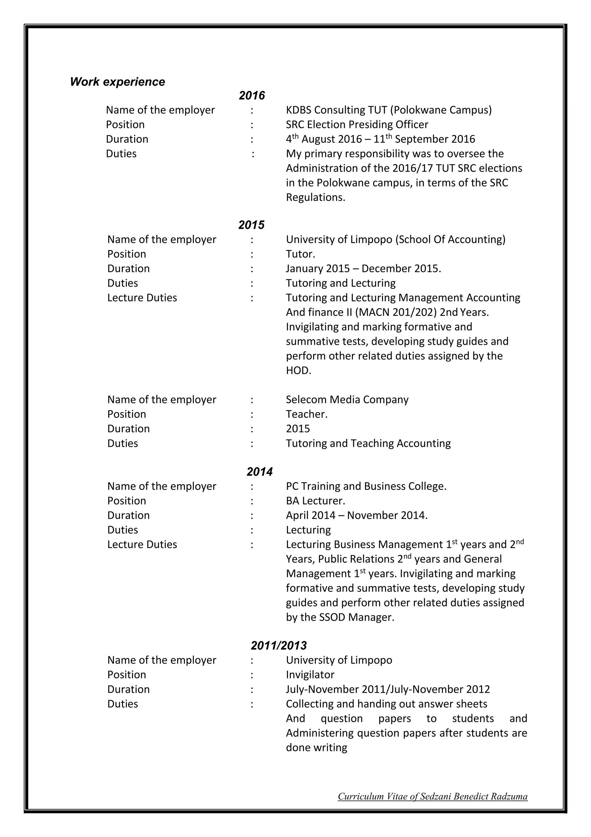 CV-Radzuma S.B Original | PDF | Business | Business and Finance
