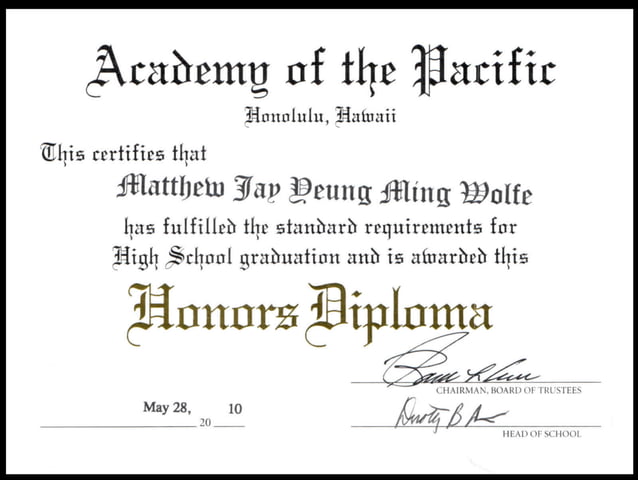 Matthew Wolfe High School Honors Diploma | PDF