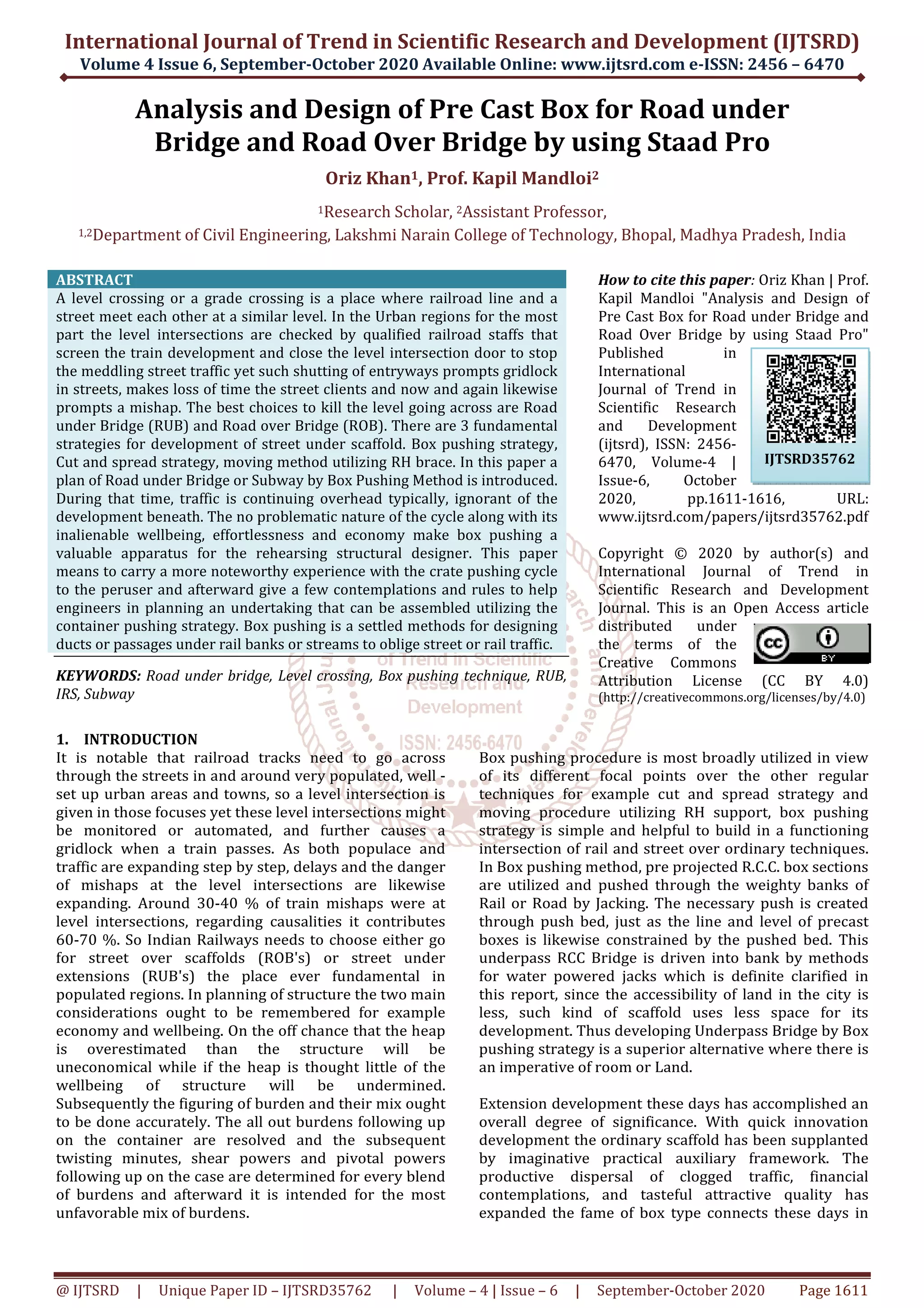 Analysis and Design of Pre Cast Box for Road under Bridge and Road Over ...