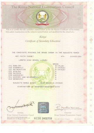 Faith Soy - KCSE Certificate | PDF