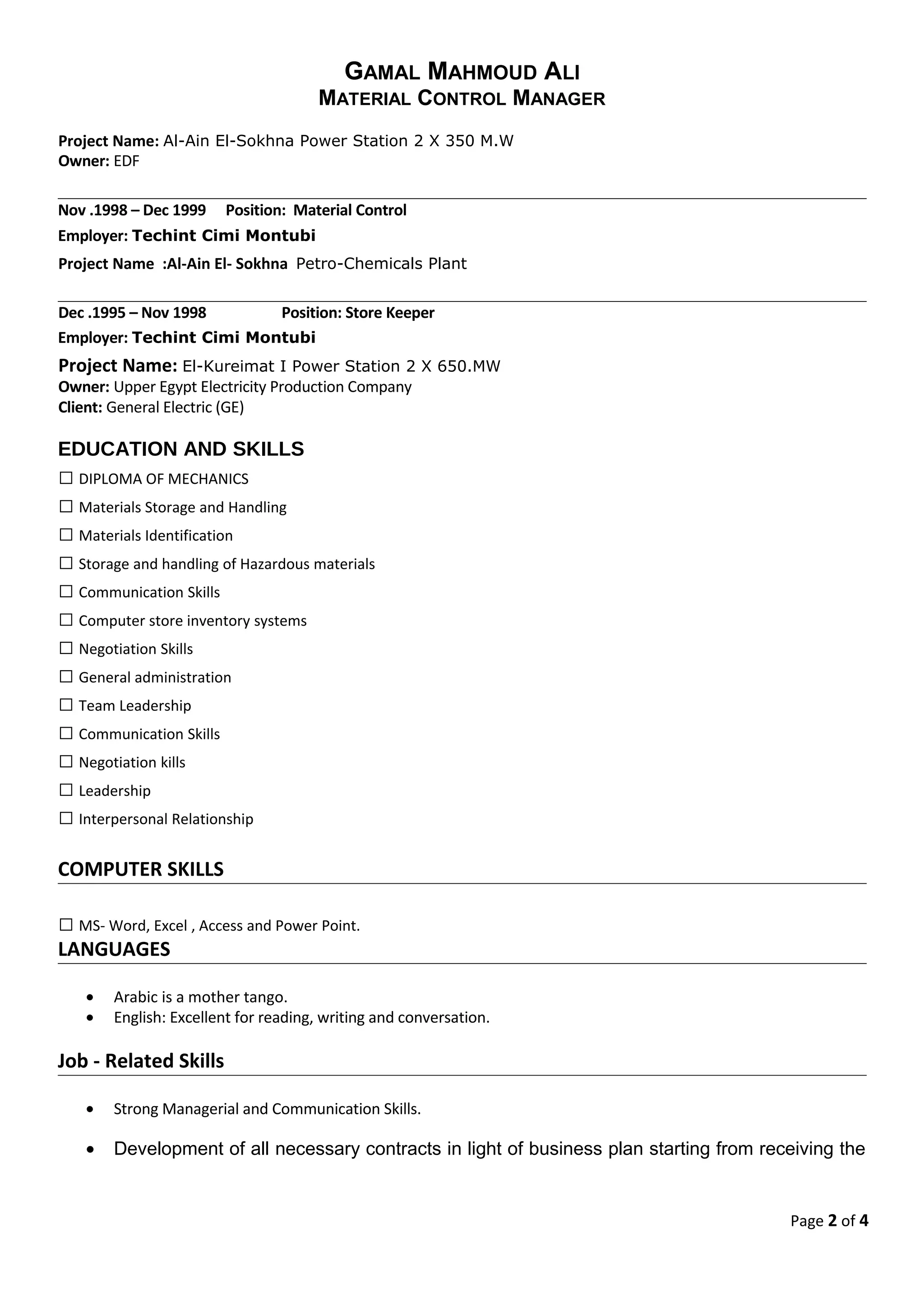 Gamal CV_Mat Cntrl Mngr | DOC | Civil Engineering Industry | Industries