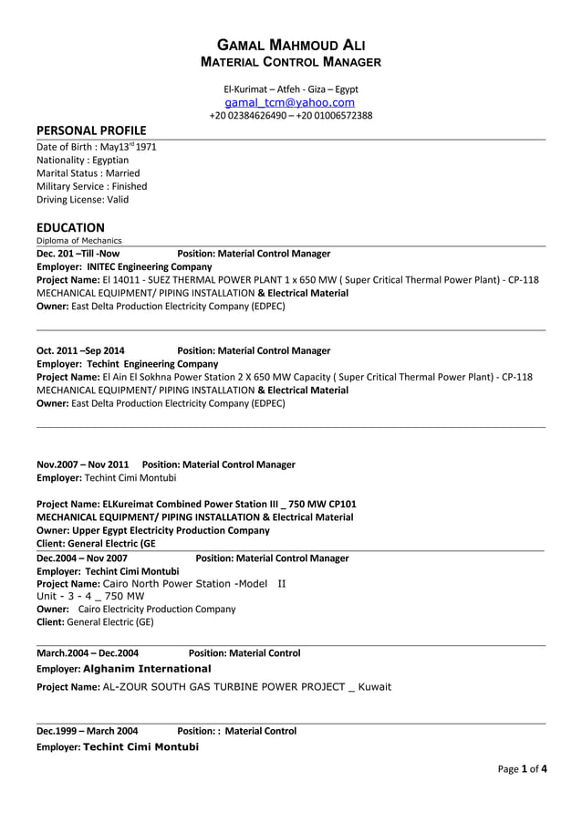 Gamal CV_Mat Cntrl Mngr | DOC | Civil Engineering Industry | Industries