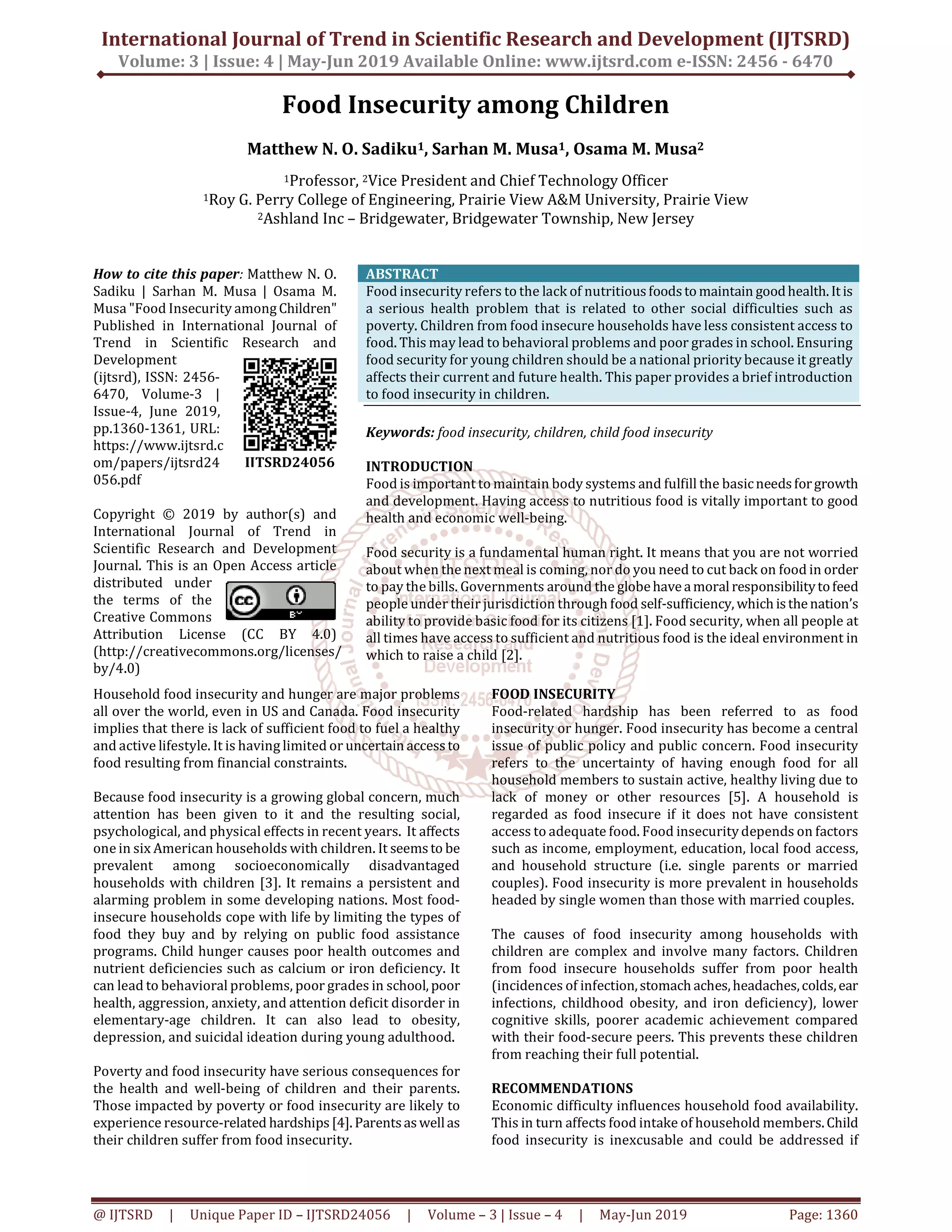 Food Insecurity among Children | PDF