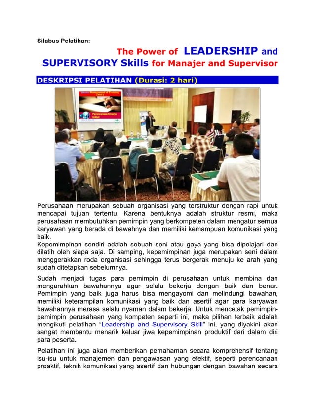 Silabus Pelatihan "The Power of LEADERSHIP and SUPERVISORY Skill for Manajer & Supervisor". | DOCX