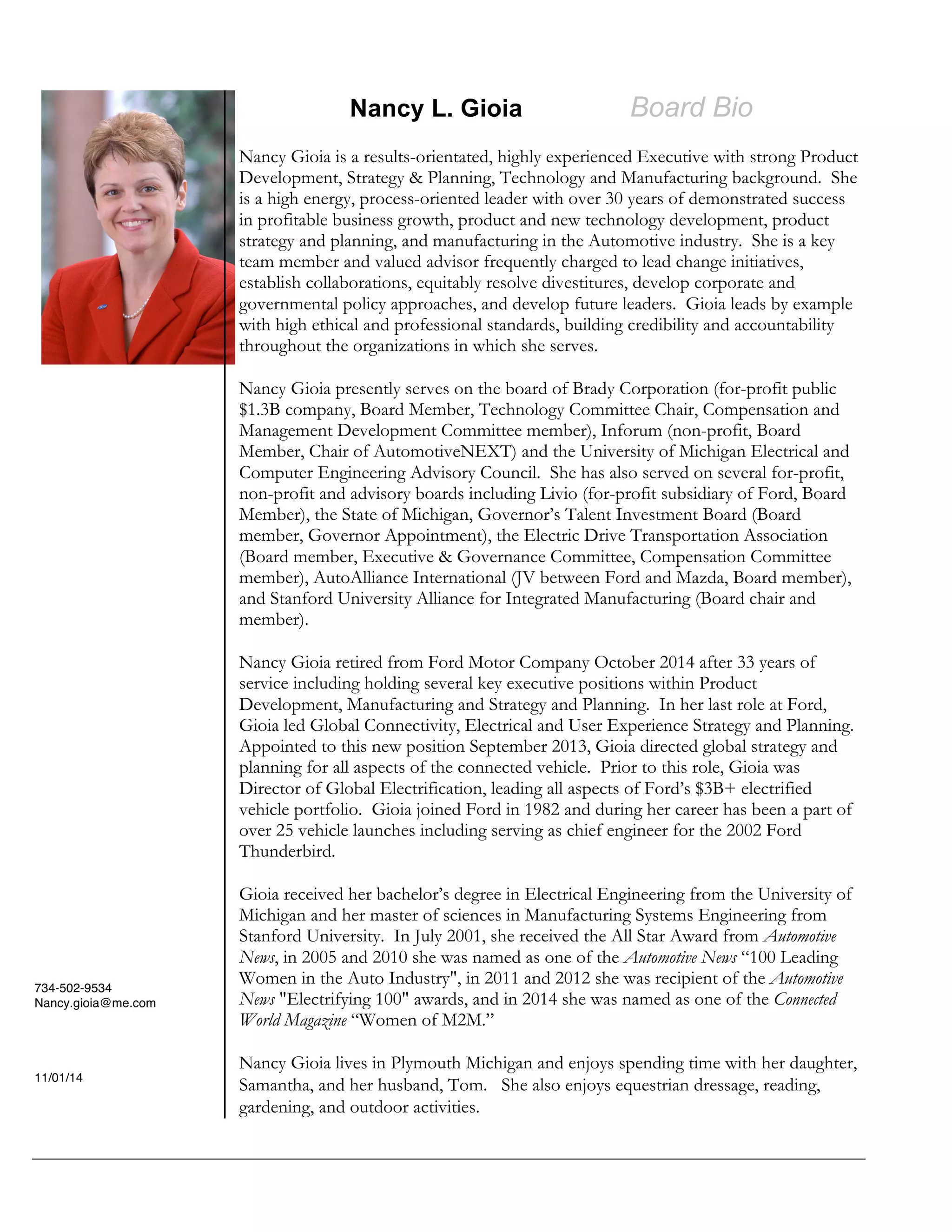 Nancy Gioia-bio-brief board Nov 2014 | PDF
