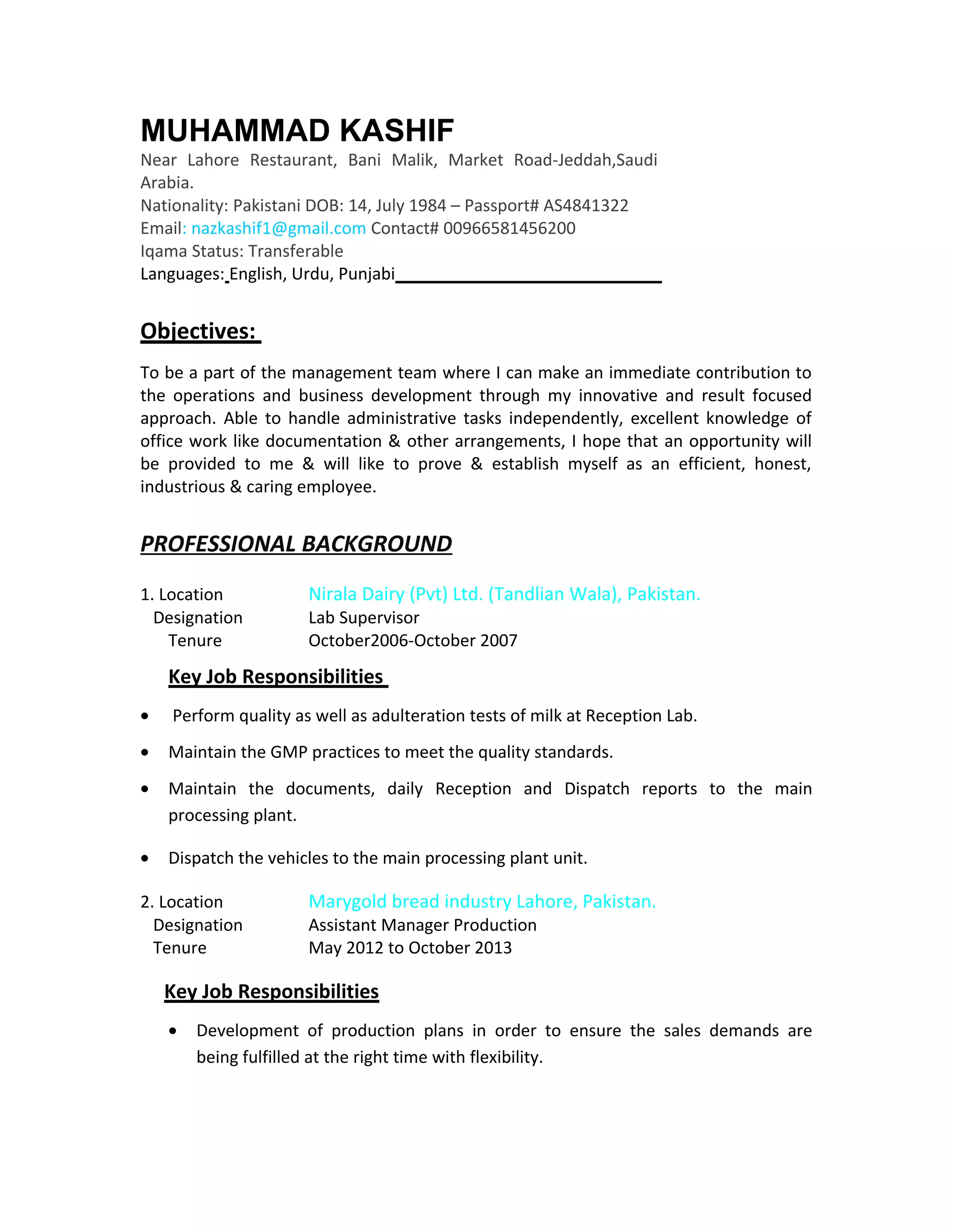 MUHAMMAD KASHIF wid milk,bak c.v | PDF