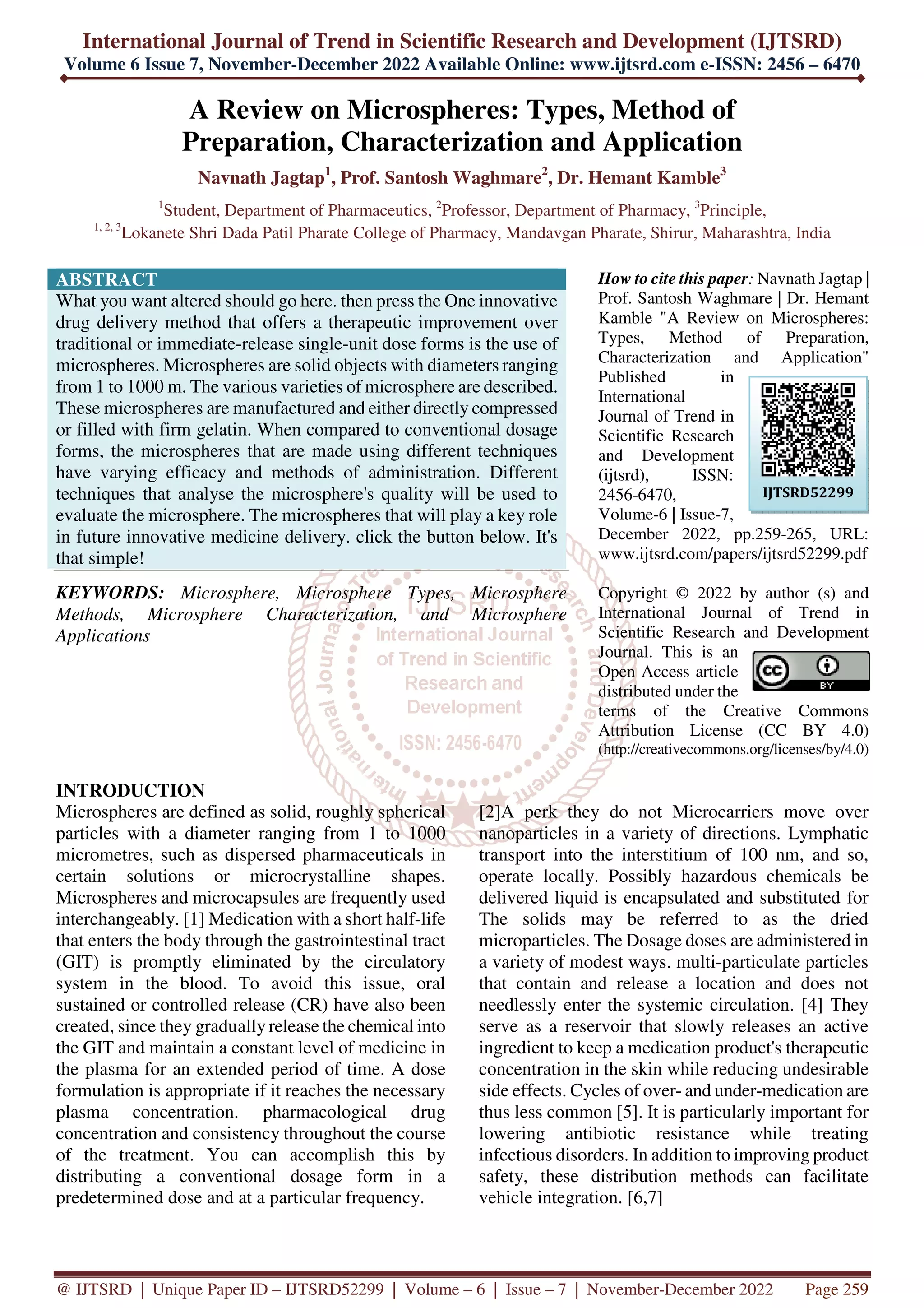 A Review on Microspheres Types, Method of Preparation, Characterization ...