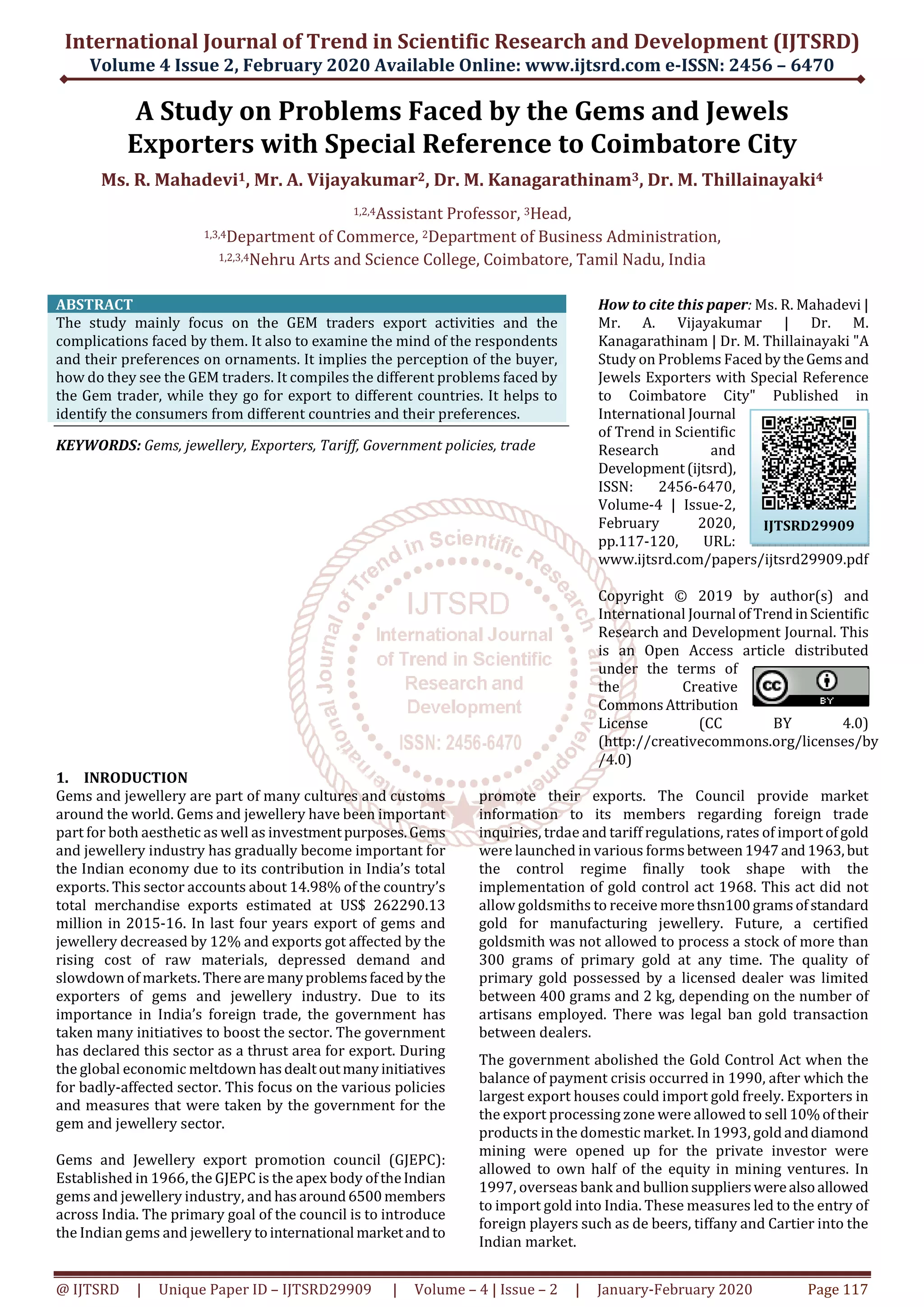 A Study on Problems Faced by the Gems and Jewels Exporters with Special ...