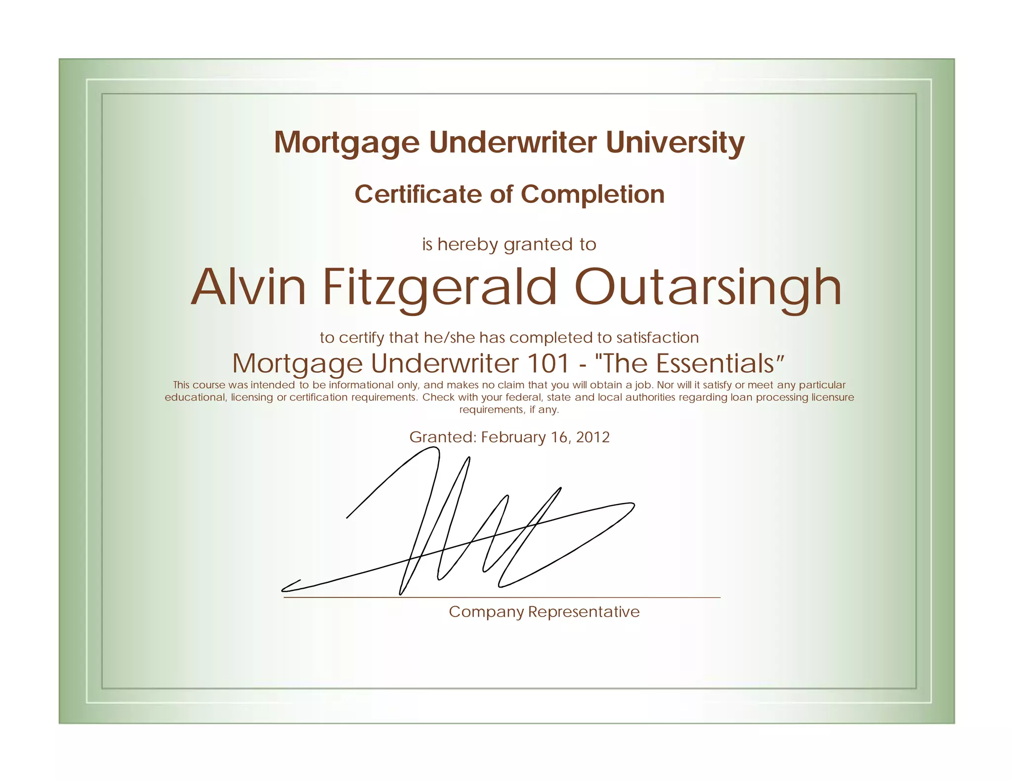 Certificate - Mortgage Underwriter 101 - The Essentials | PDF