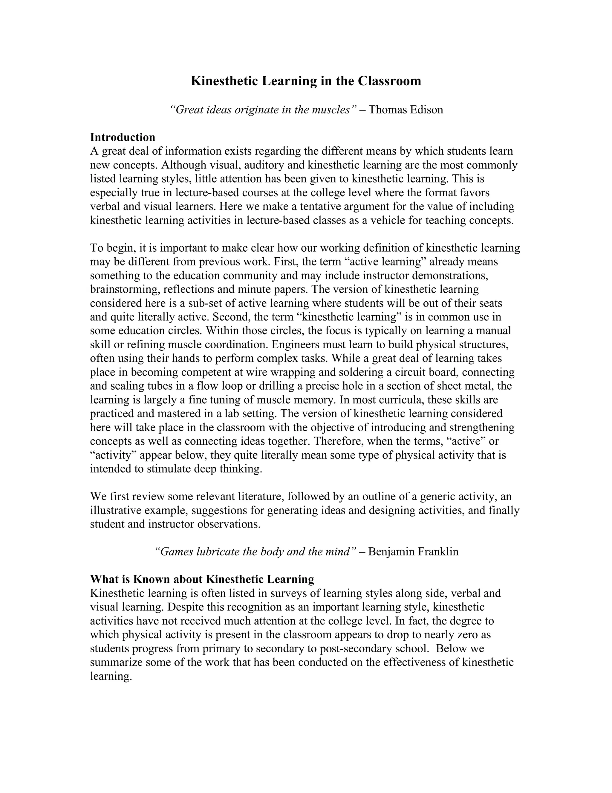 Kinesthetic Learning Classroom | PDF