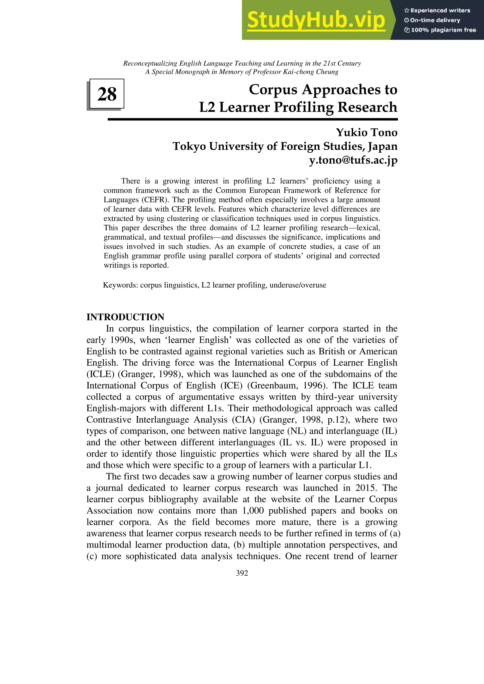 28 Corpus Approaches To L 2 Learner Profiling Research Pdf