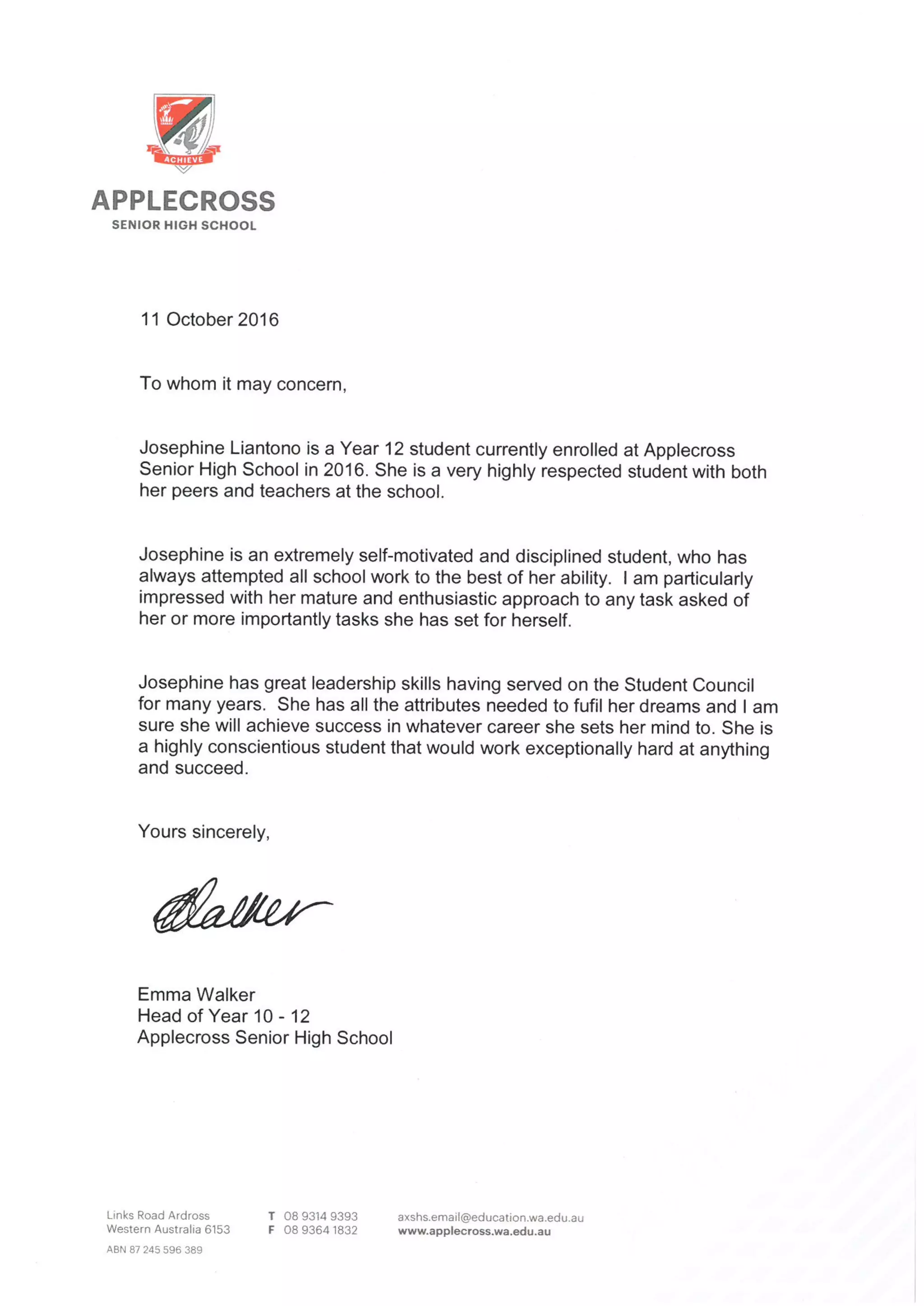 Josephine Liantono's Reference Letter from Ms. Emma Walker | PDF