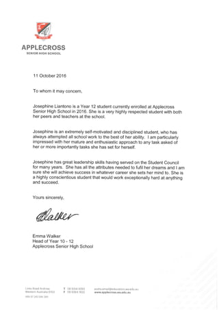 Josephine Liantono's Reference Letter from Ms. Emma Walker | PDF