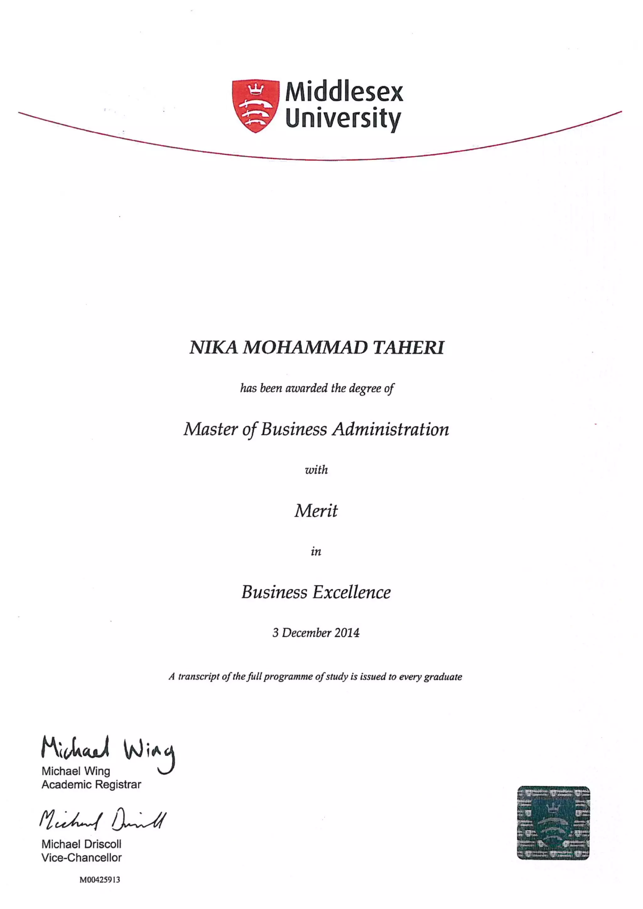 Nika MOHAMMAD TAHERI Attested Master Certificate | PDF