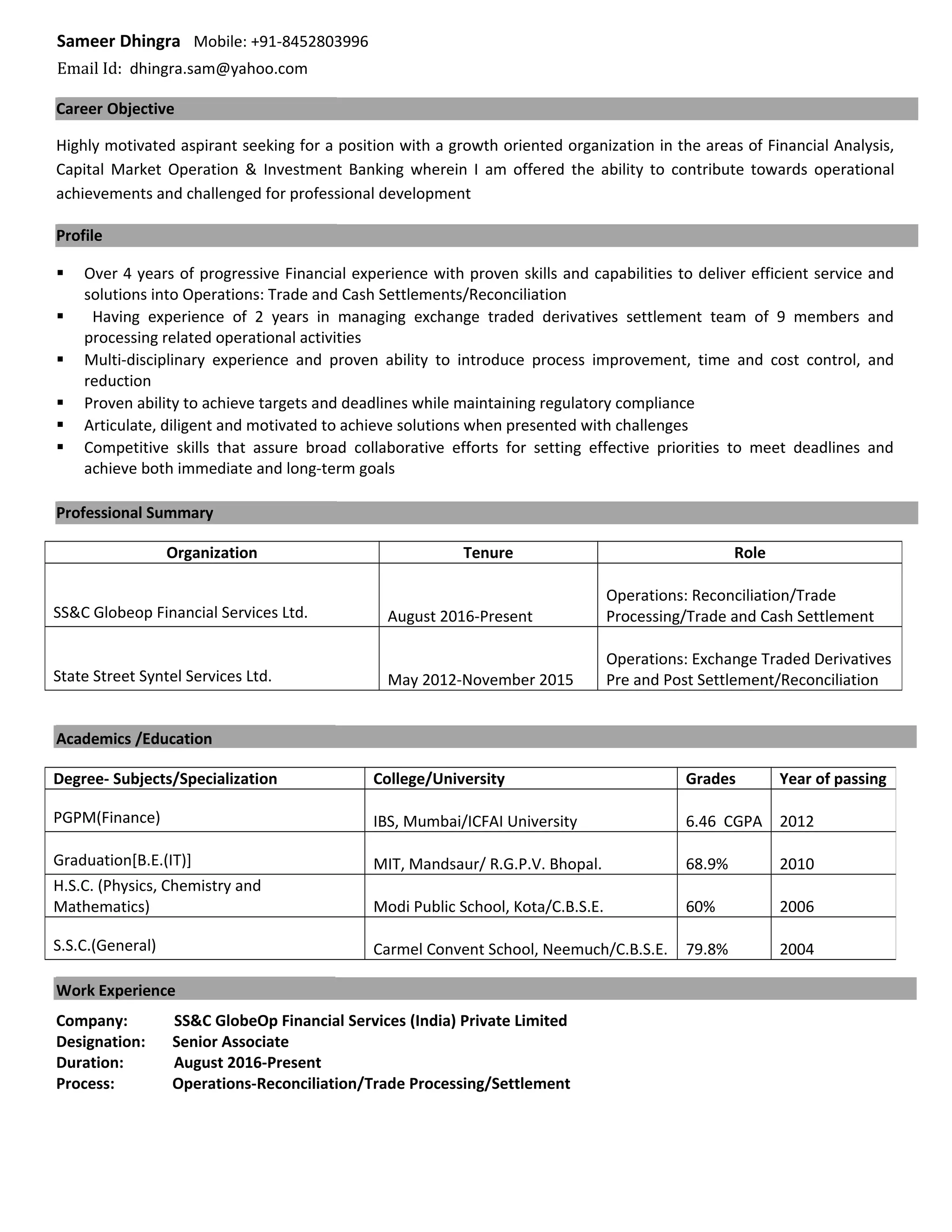 Sameer_Resume | DOC | Business Accounting & Finance | Business