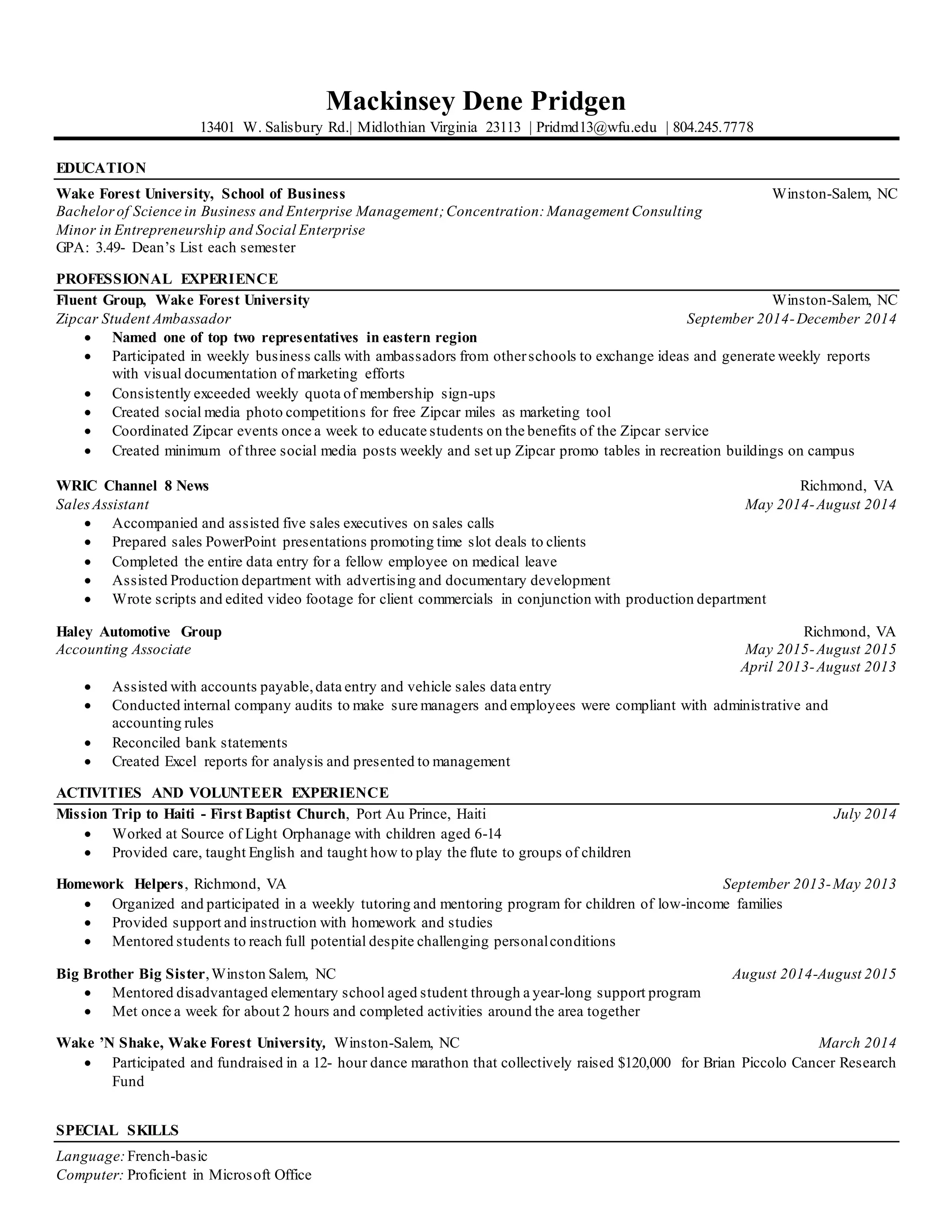 Mackinsey Pridgen, Resume | PDF