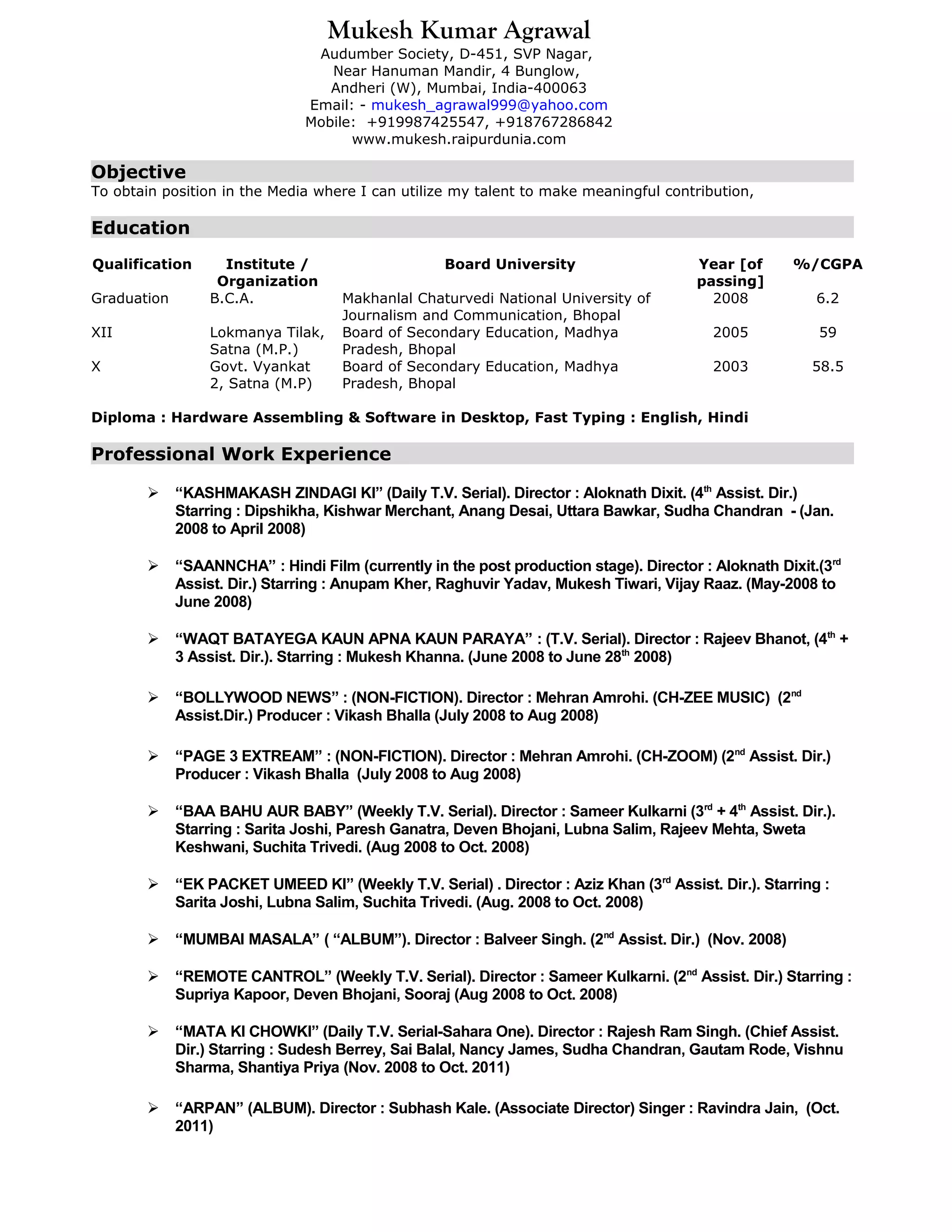 CV Of Mukesh Agrawal 2016 | DOC