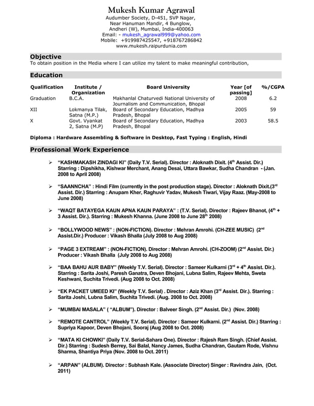 CV Of Mukesh Agrawal 2016 | DOC | Television | Entertainment