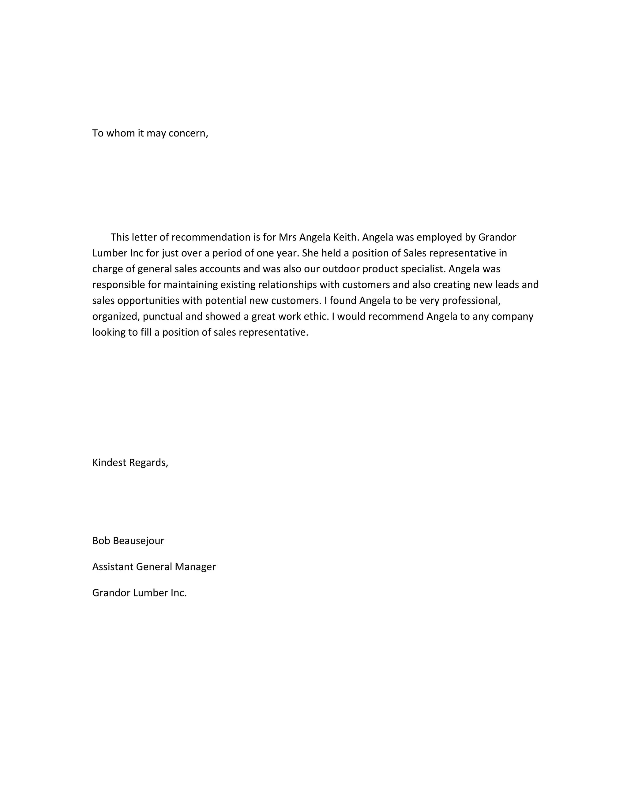 Reference Letter for Angela Keith from Bob Beausejour at Grandor Lumber ...