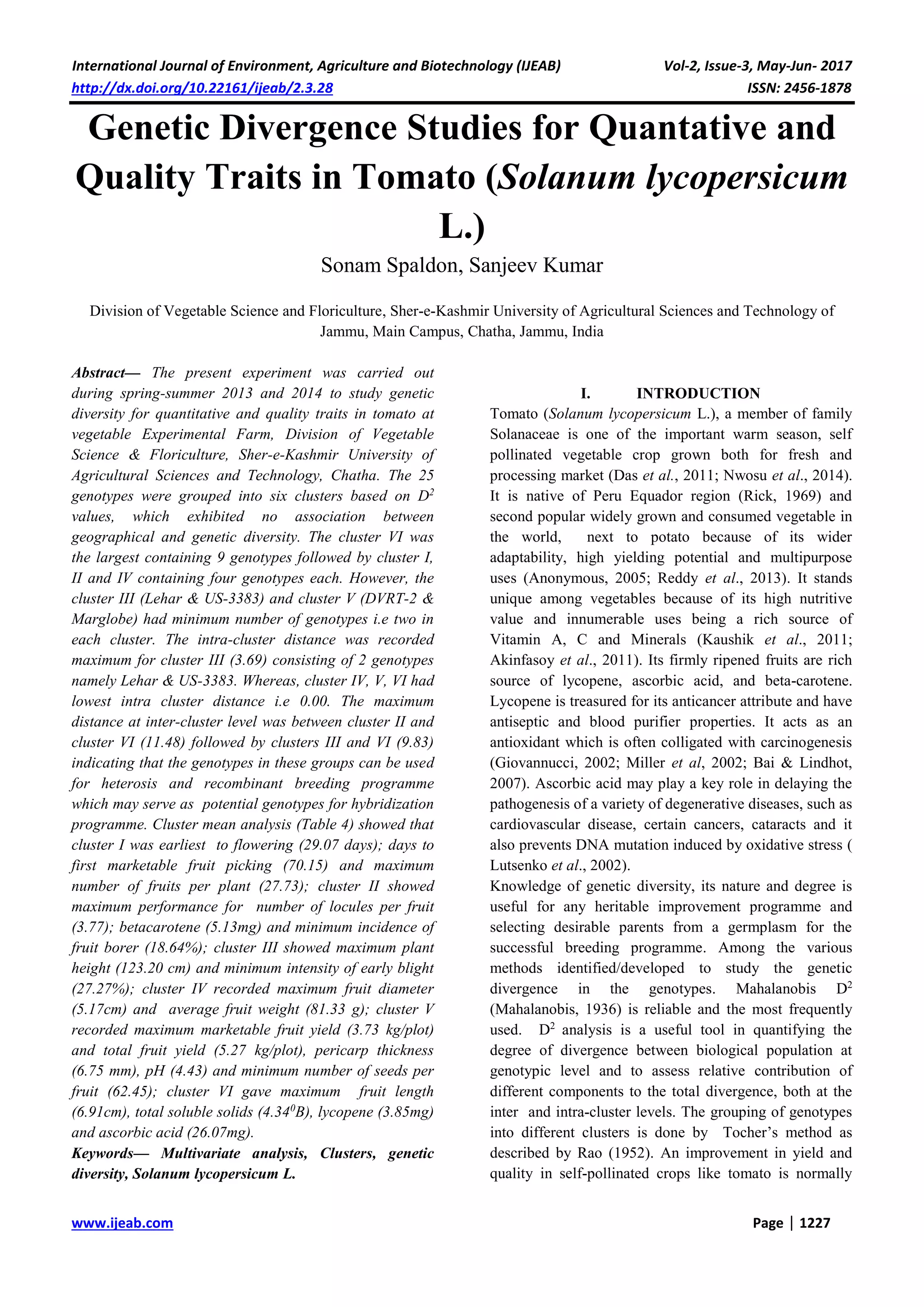 Genetic Divergence Studies for Quantative and Quality Traits in Tomato (Solanum lycopersicum L ...