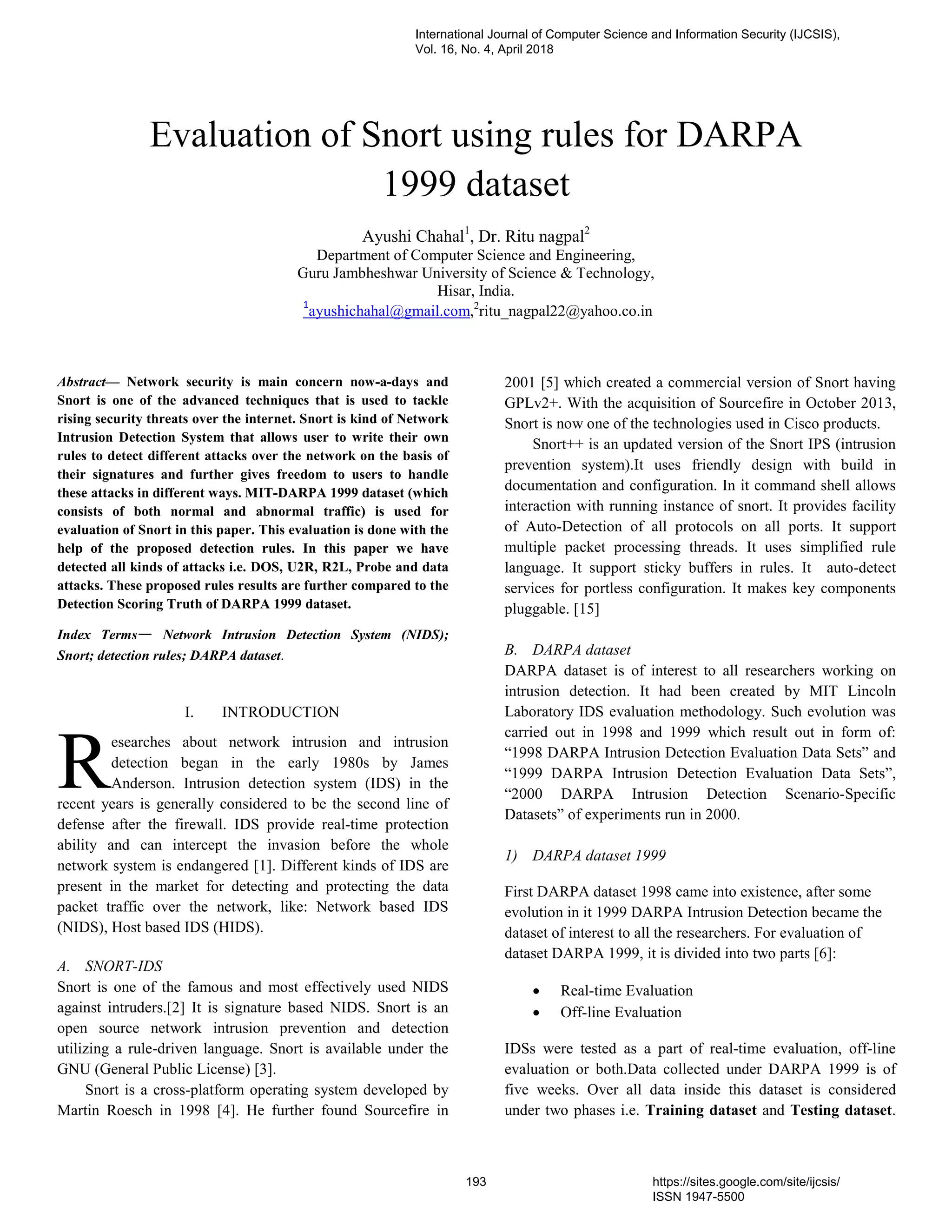Evaluation of Snort using Rules for DARPA 1999 Dataset | PDF