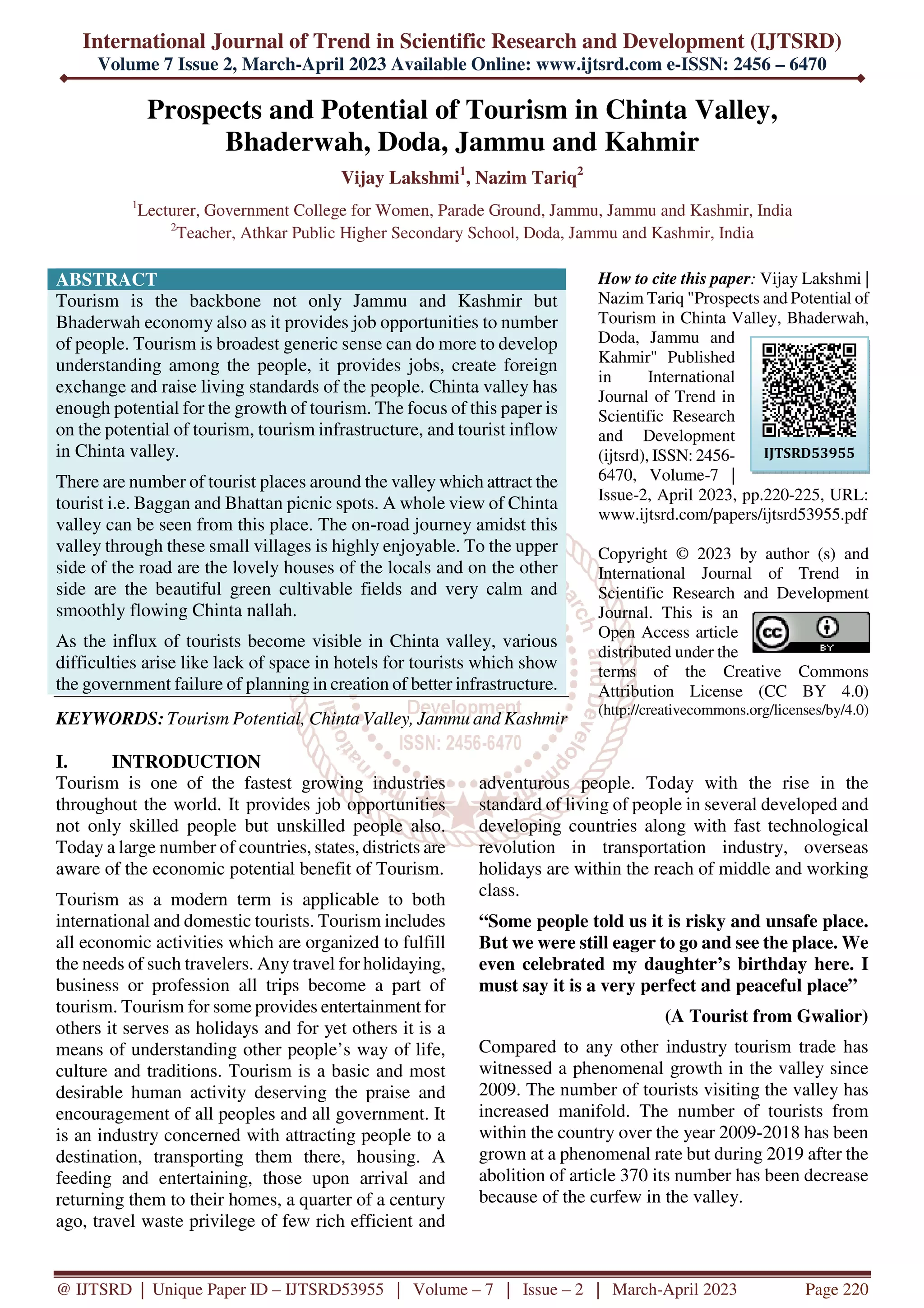 Prospects and Potential of Tourism in Chinta Valley, Bhaderwah, Doda, Jammu and Kahmir | PDF