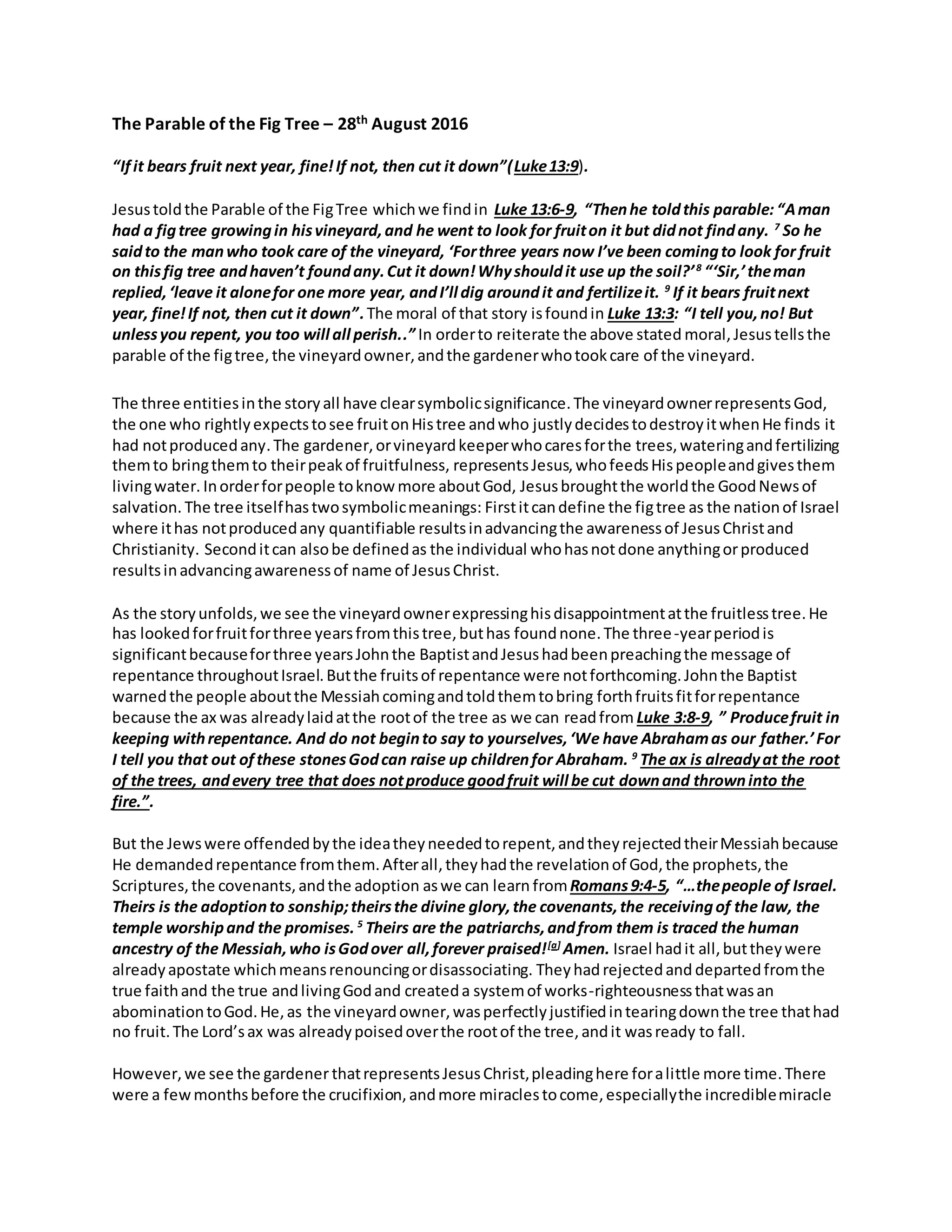 28th August 2016 - The Parable of the Fig tree | DOCX