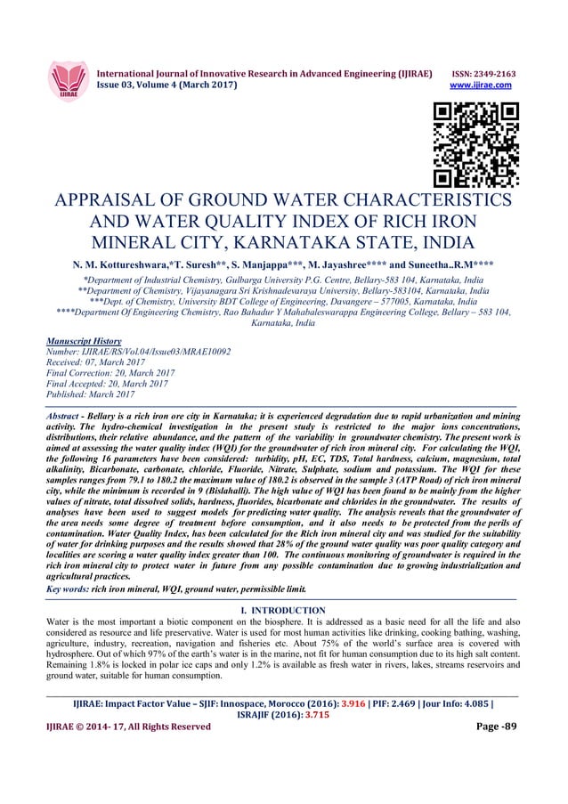 APPRAISAL OF GROUND WATER CHARACTERISTICS AND WATER QUALITY INDEX OF RICH IRON MINERAL CITY ...